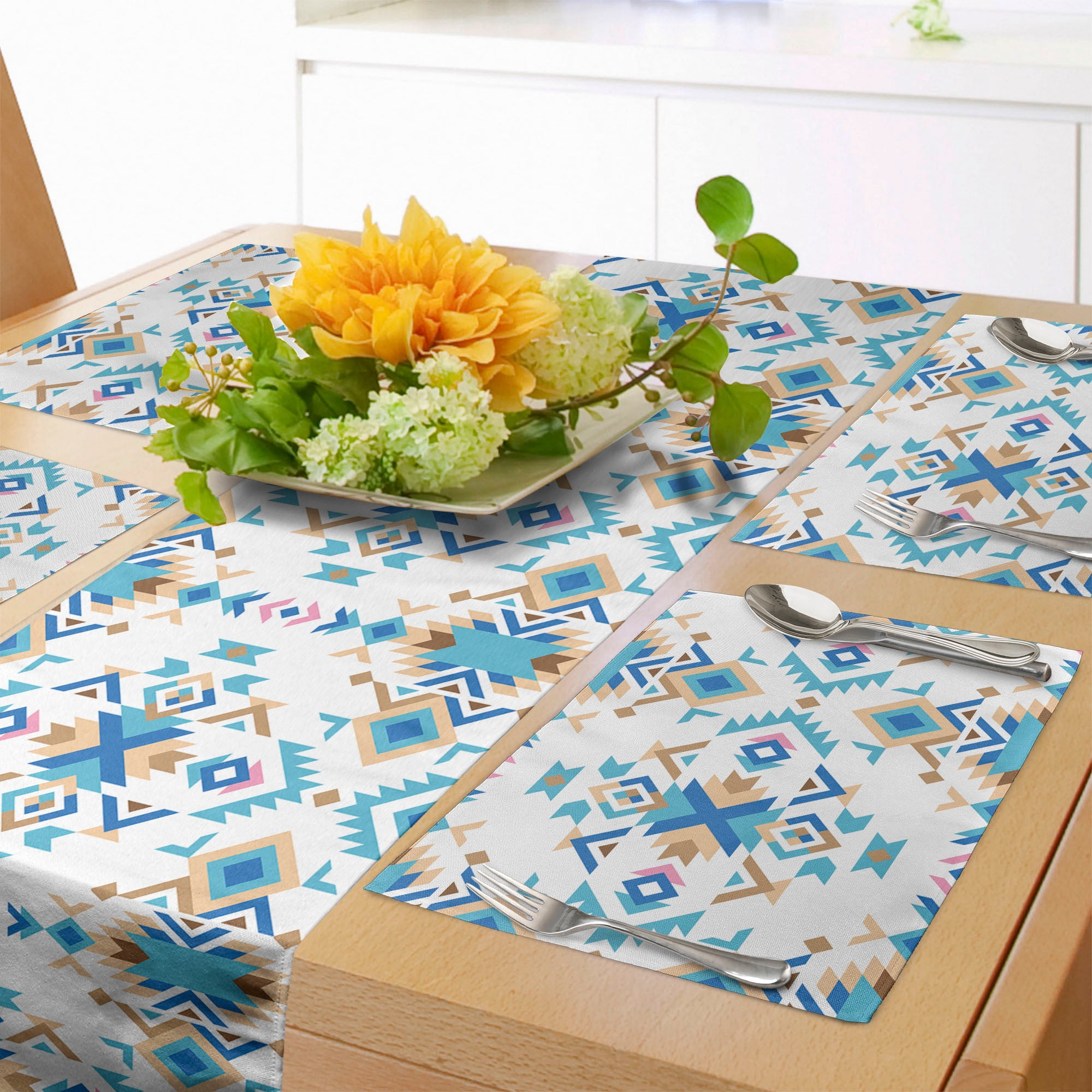 Ambesonne Geometric Table Runner & Placemats, Tribal Inspired Shapes ...
