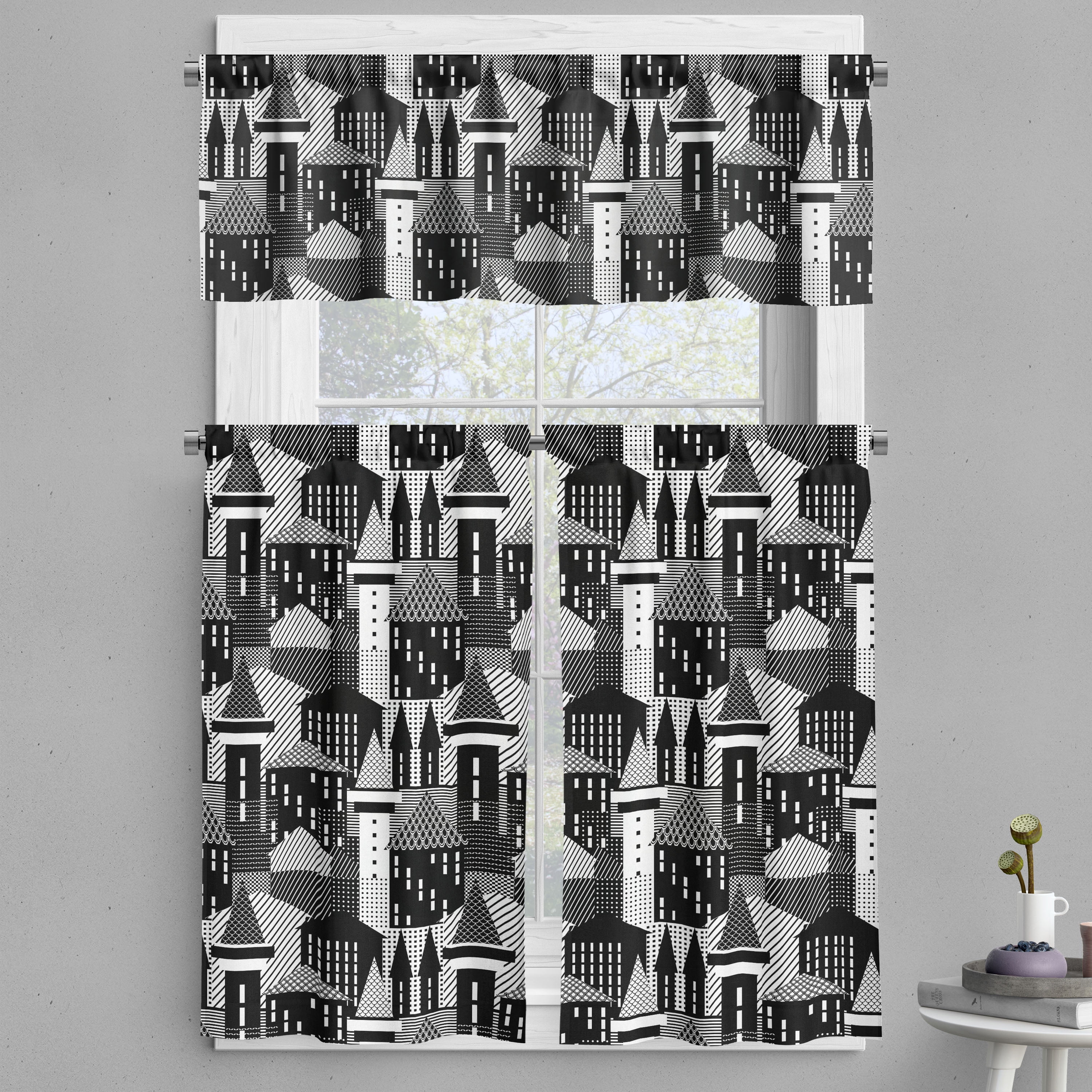 Ambesonne Geometric Valance & Curtain, Goth Tones Town Buildings, 55 ...