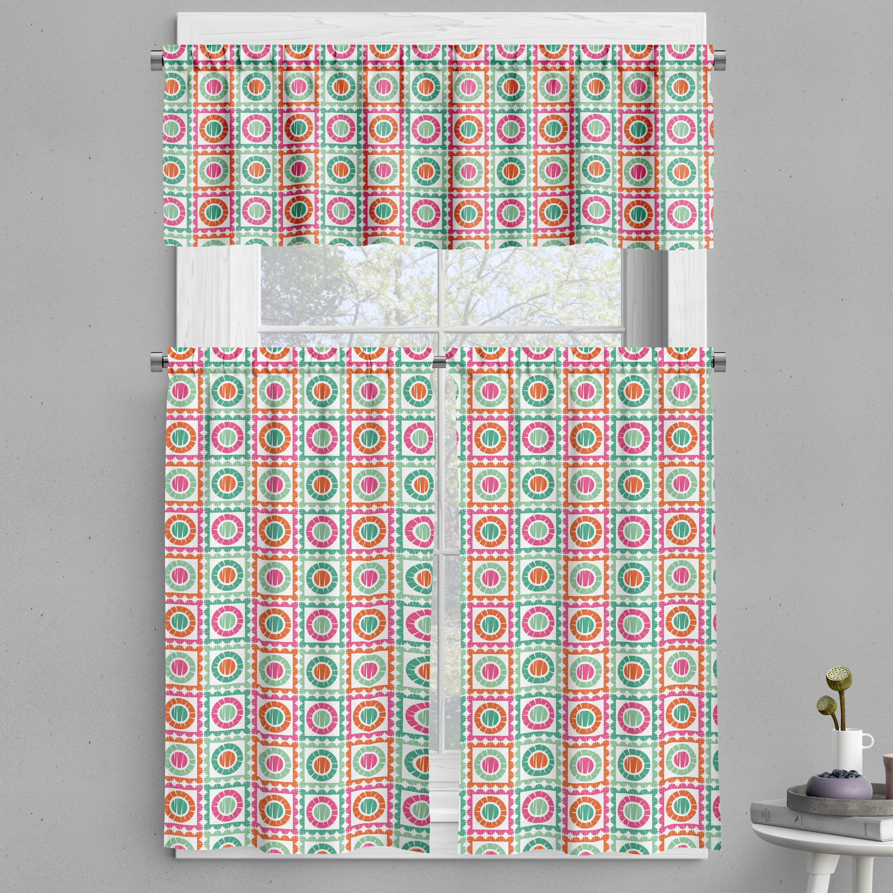 Ambesonne Geometric Valance & Curtain, Grunge Round Shapes Art, 55"x24 ...