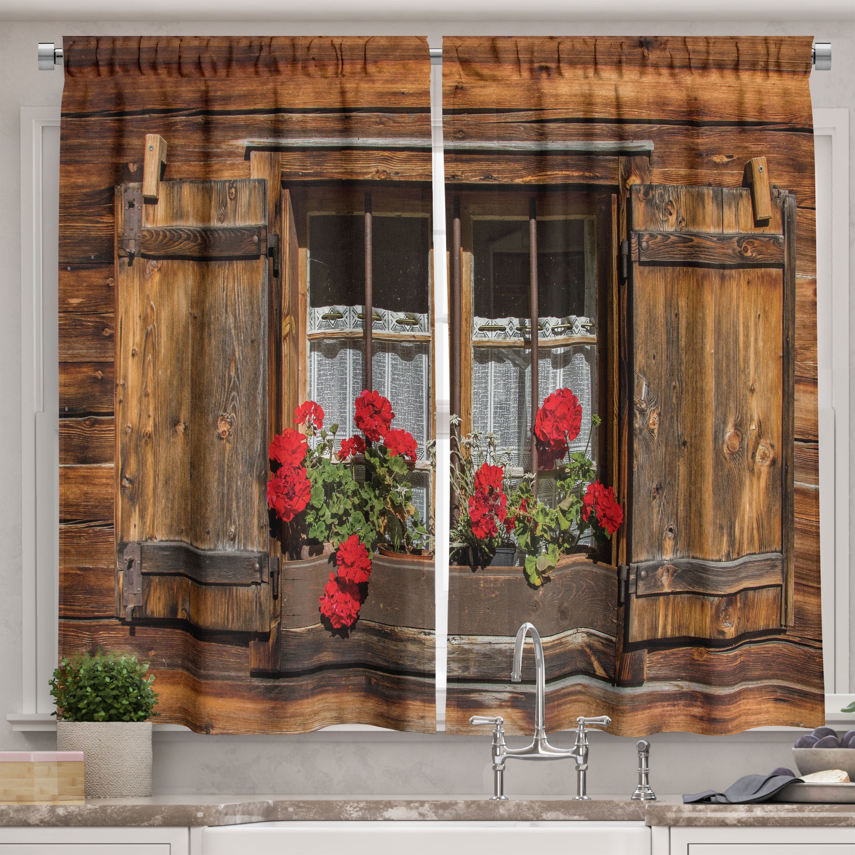 Ambesonne Geraniums Kitchen Curtains, Wooden Hut with Window, 55"x45 ...