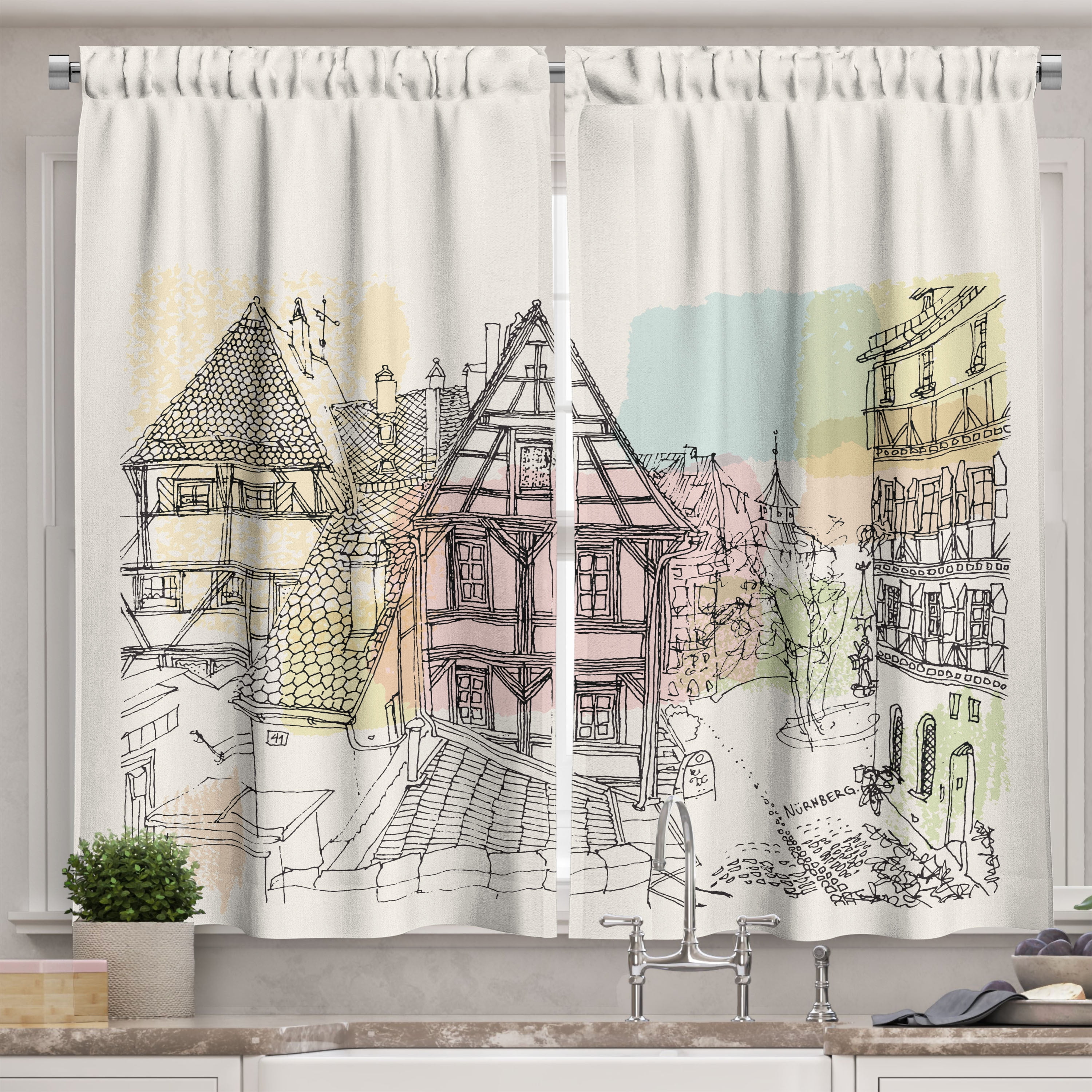 Ambesonne German Kitchen Curtains, Historic Nuremberg Scene, 55"x39 ...