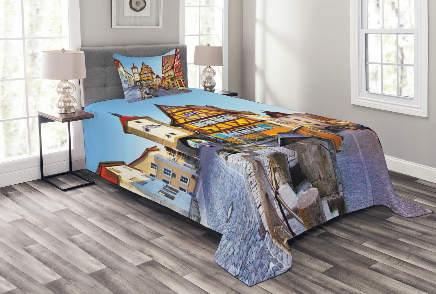 Ambesonne German Quilted Bedspread Set 2 Pcs, Colorful Street Houses ...