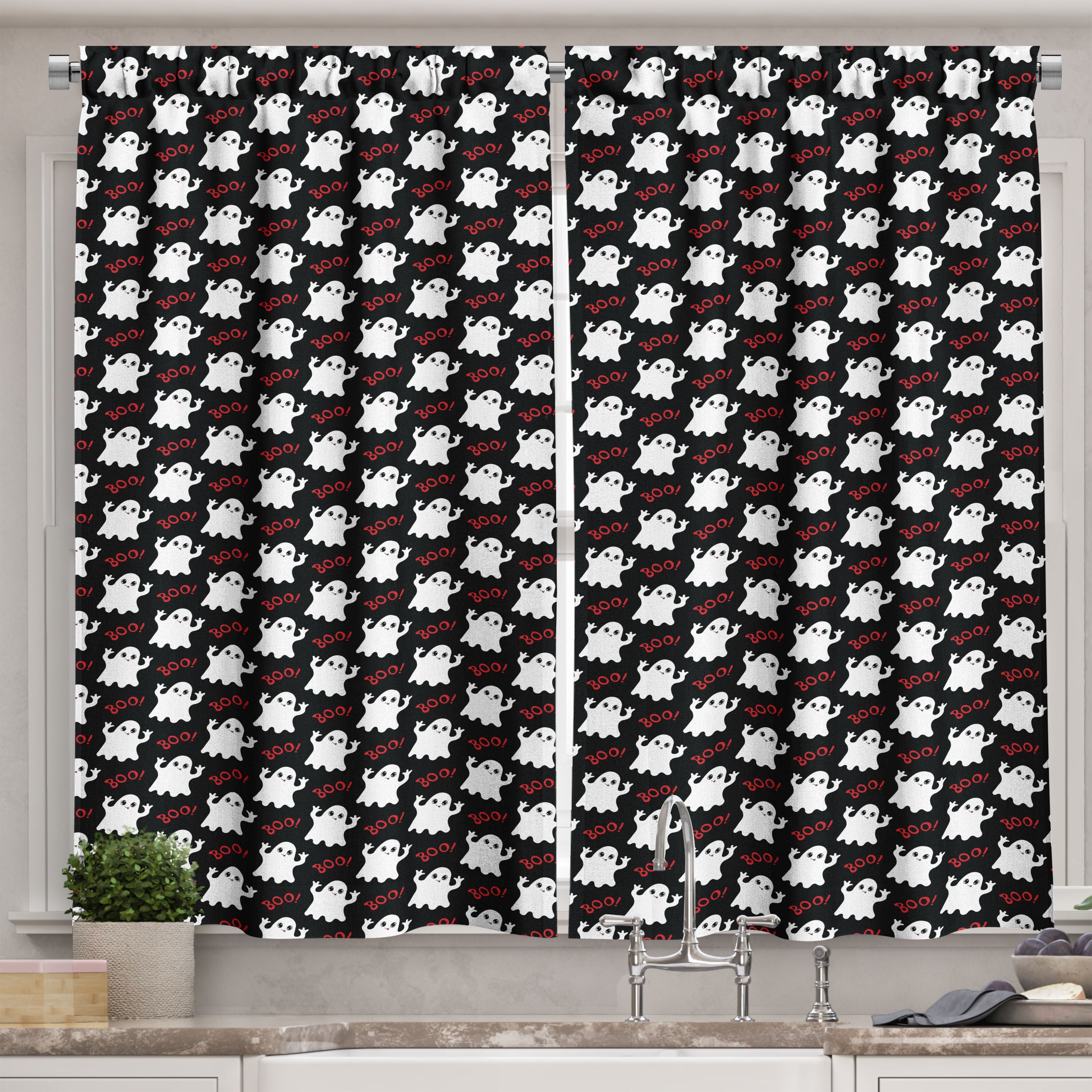 Ambesonne Ghost Kitchen Curtains, White Ghosts with Boo Texts, 55"x39 ...