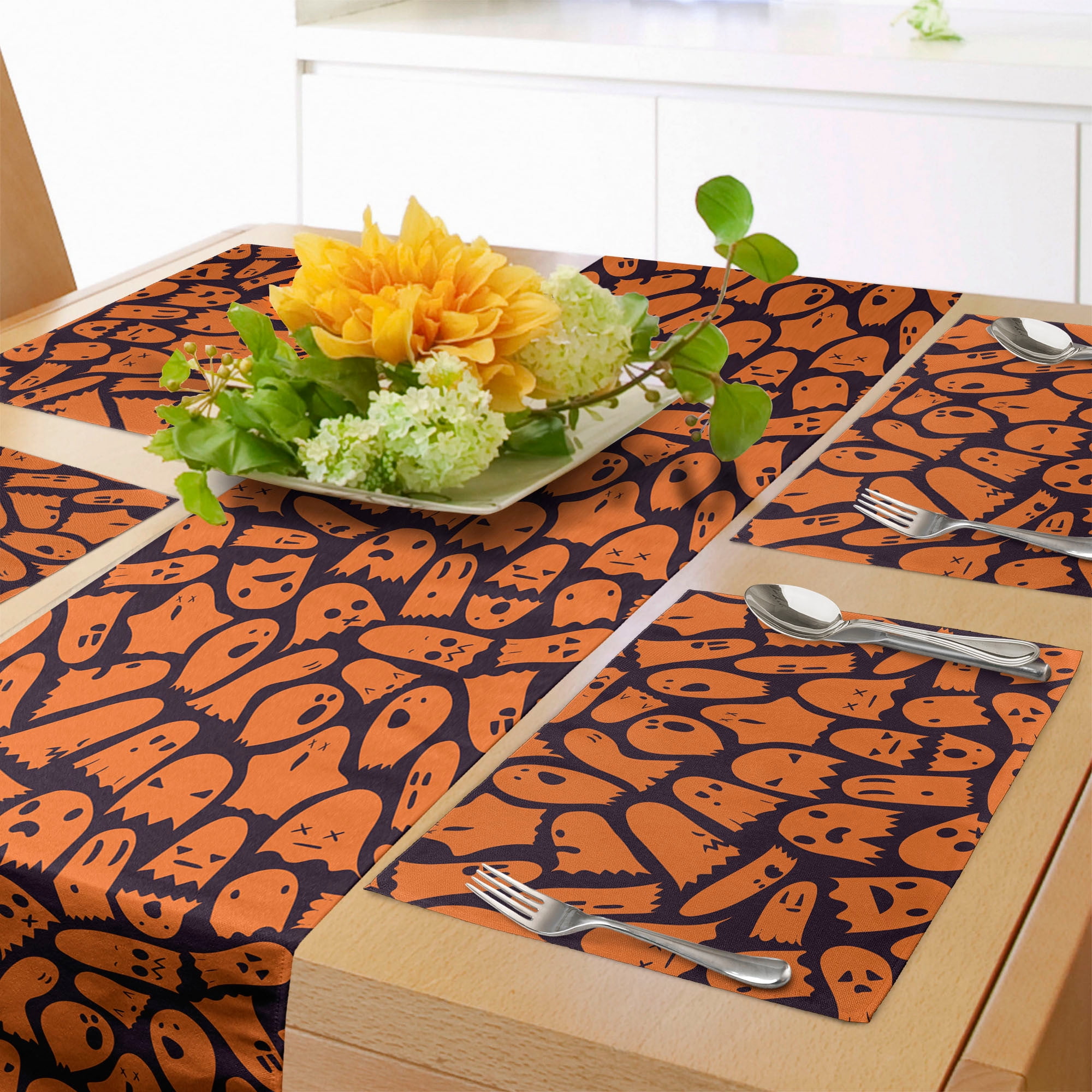 Ambesonne Ghost Table Runner & Placemats, Hand-drawn Ghosts Pattern ...