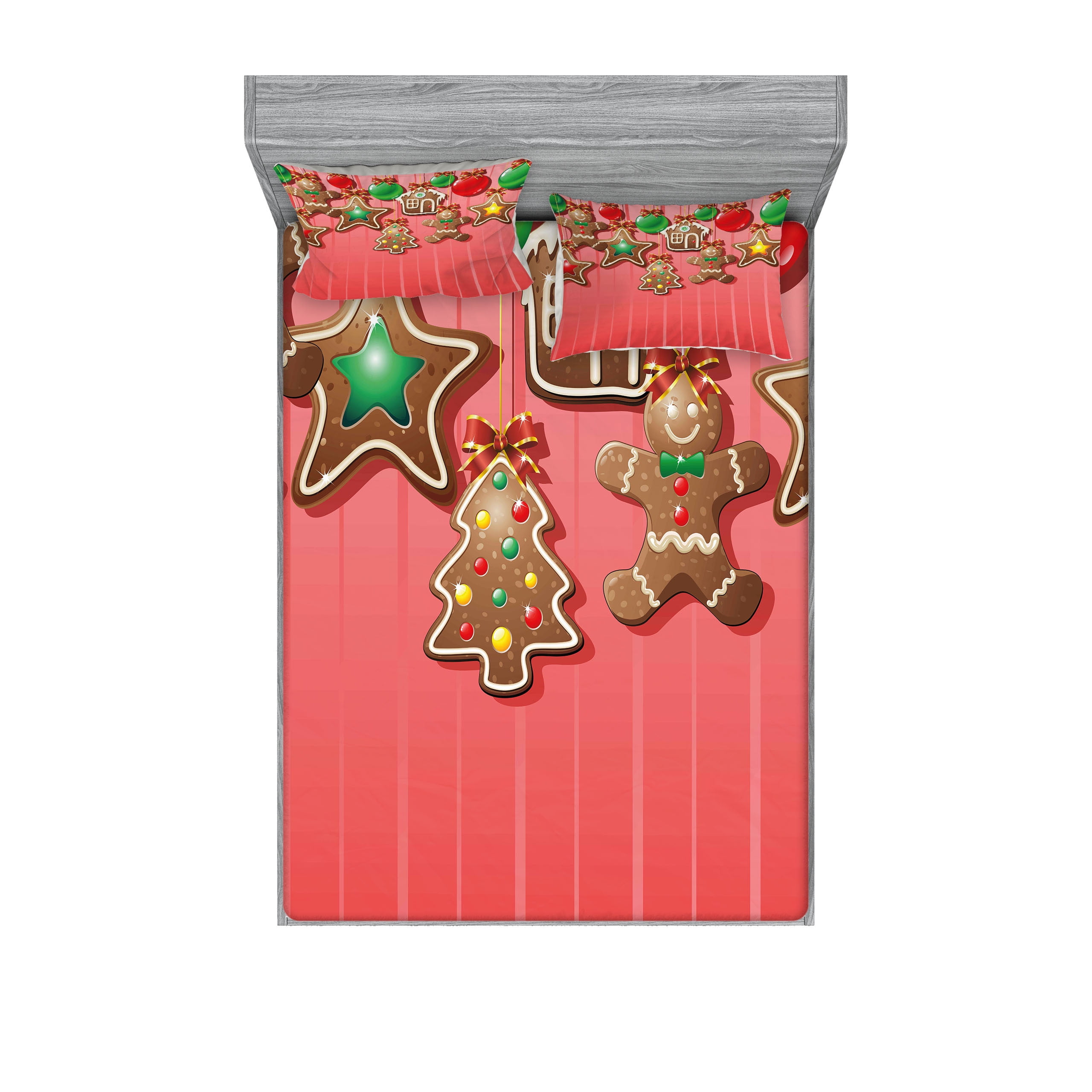 Ambesonne Gingerbread Man Fitted Sheet & Pillow Sham Set, Symbolic ...