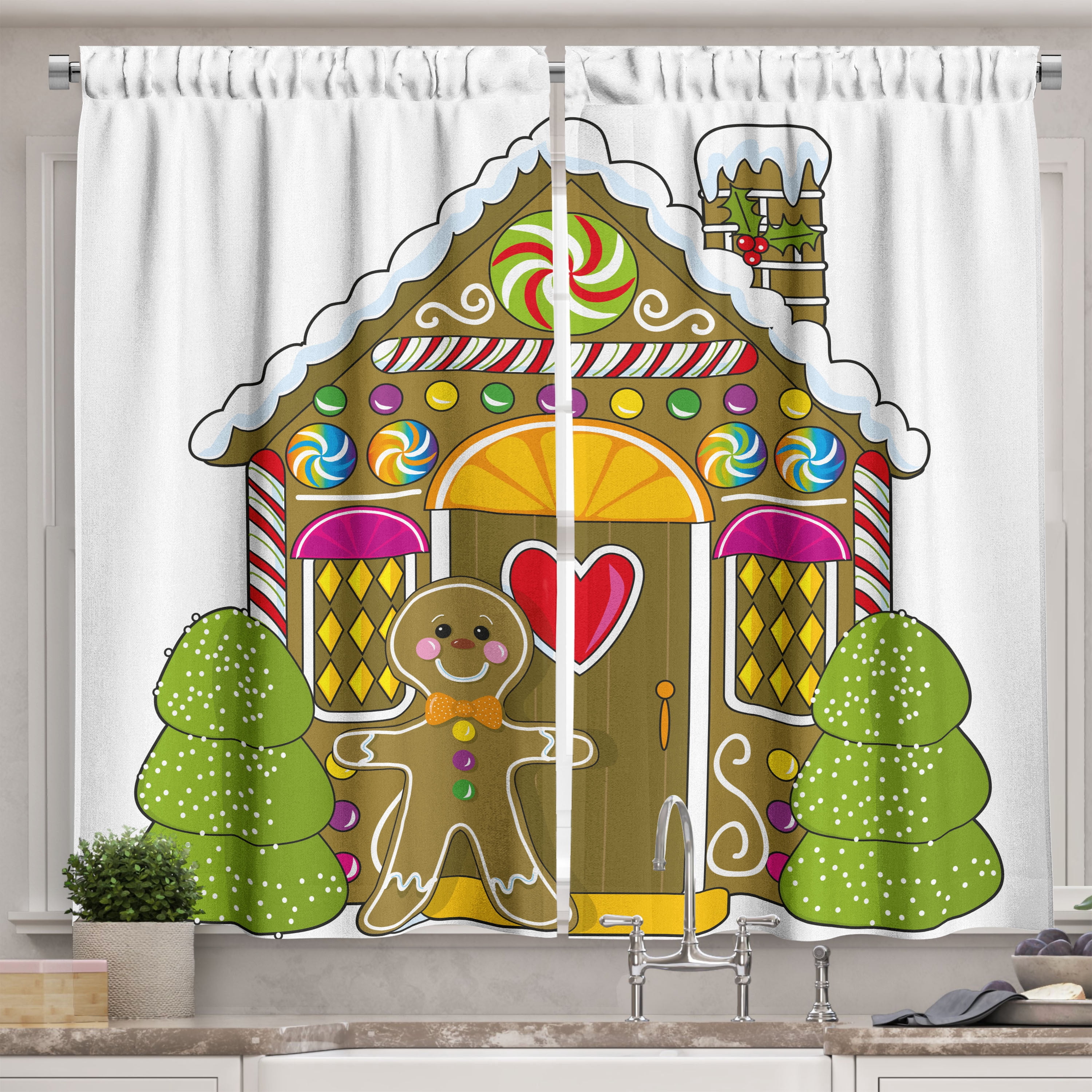 Ambesonne Gingerbread Man Kitchen Curtains, Candy House, 55"x39 ...