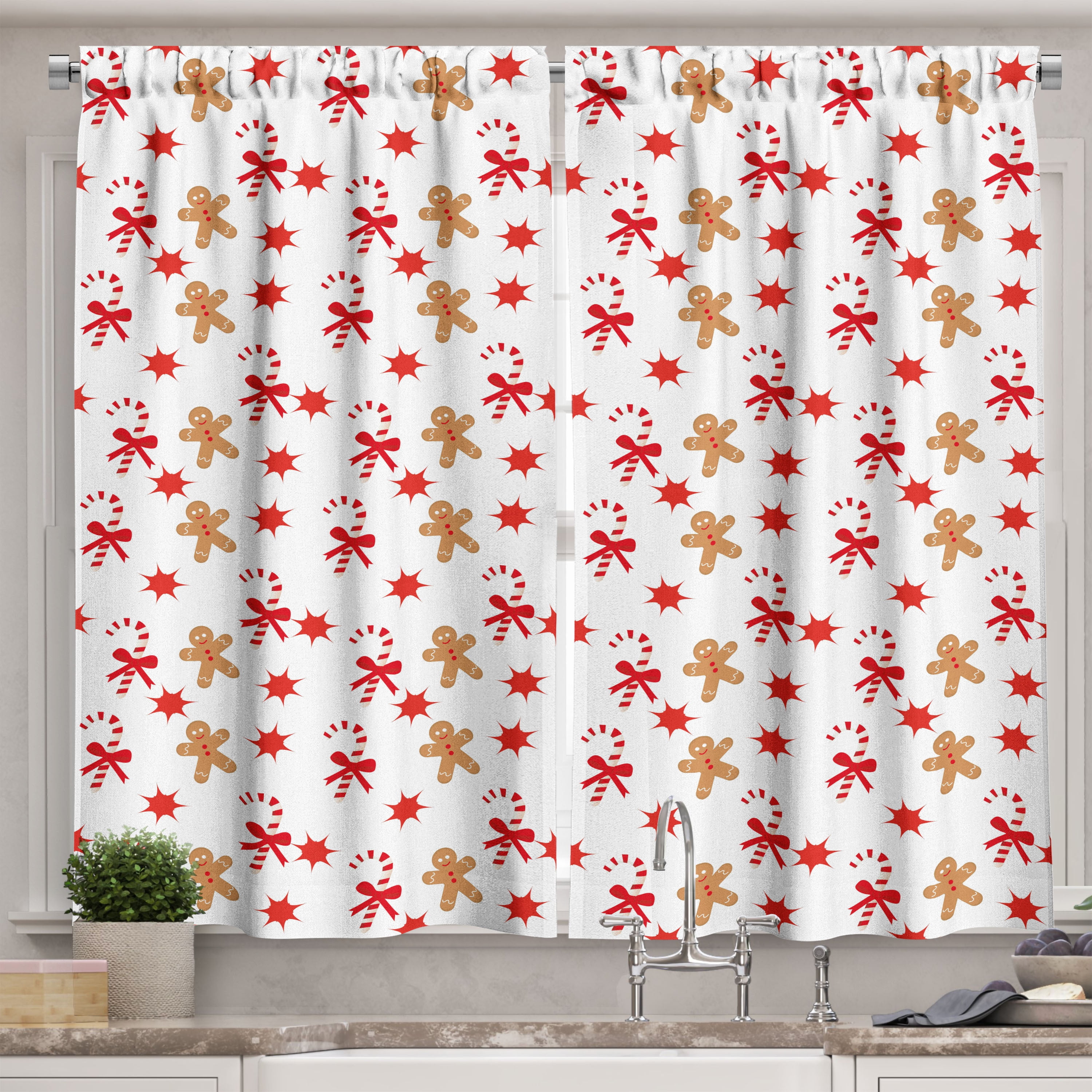 Ambesonne Gingerbread Man Kitchen Curtains, Candy Red Star, 55"x39 ...
