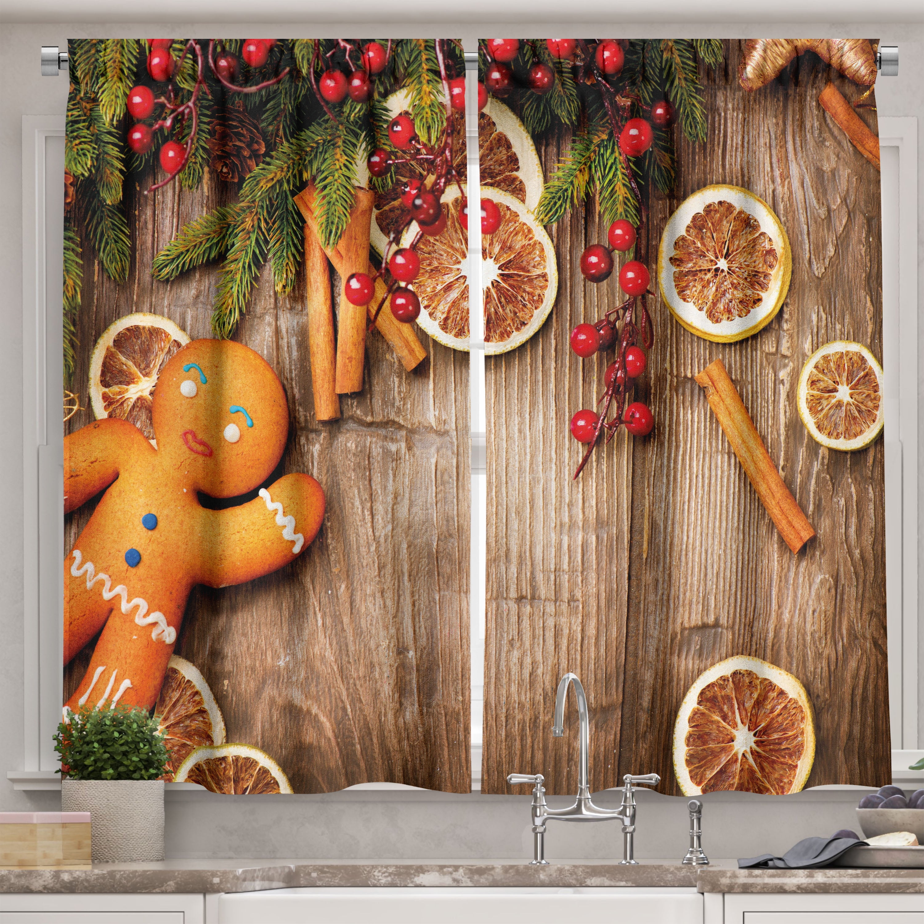 Ambesonne Gingerbread Man Kitchen Curtains, Rustic Theme, 55"x39 ...