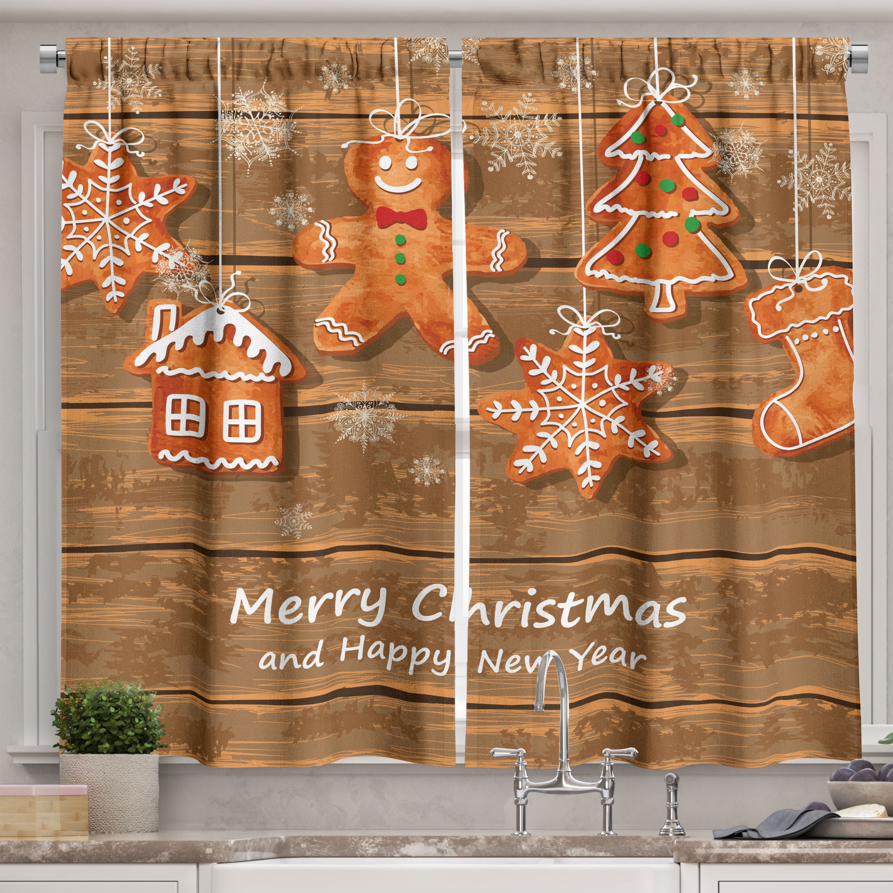 Ambesonne Gingerbread Man Kitchen Curtains, Watercolor Fun, 55"x39 ...
