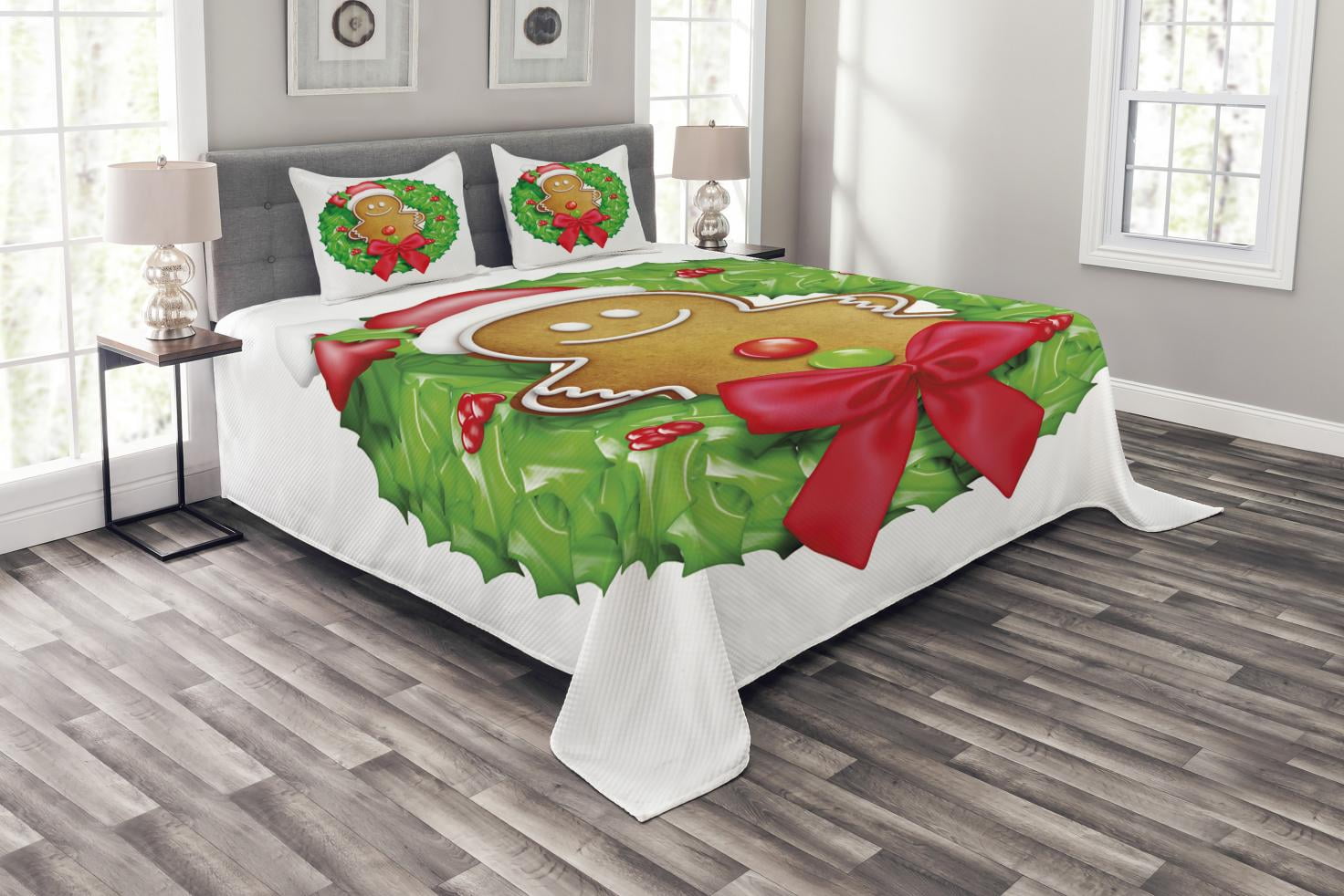 Ambesonne Gingerbread Man Quilted Bedspread Set 3 Pcs, Xmas Wreath ...