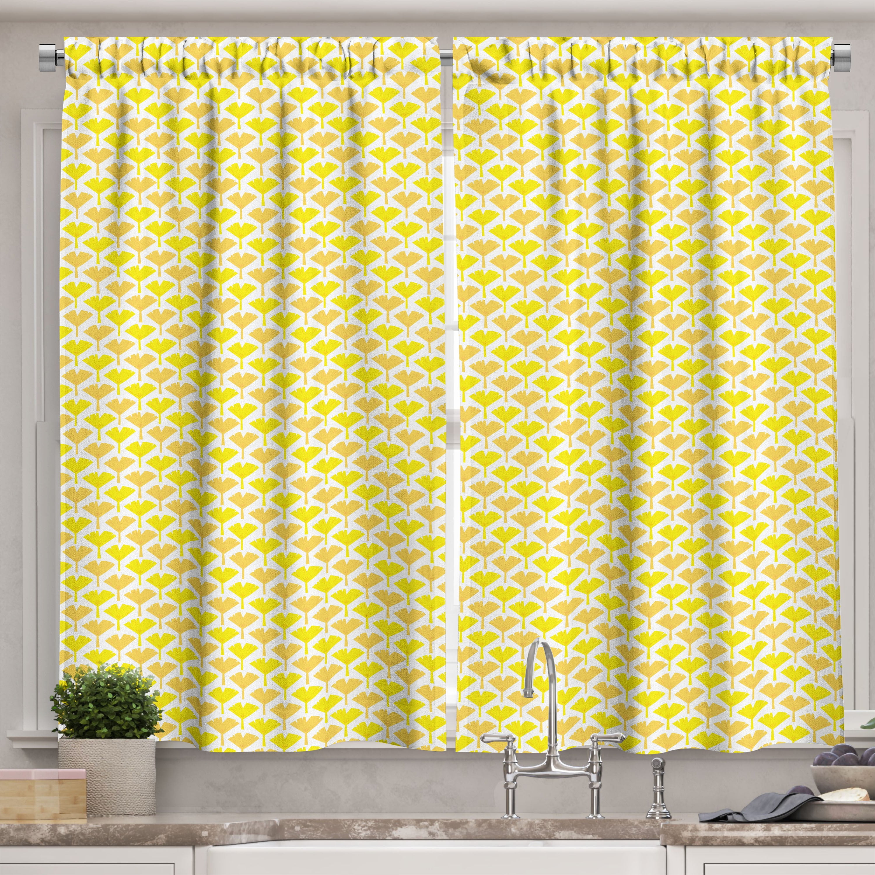 Ambesonne Gingko Kitchen Curtains, Pastel Vibrant Biloba Petals, 55"x39", Yellow Mustard White ...
