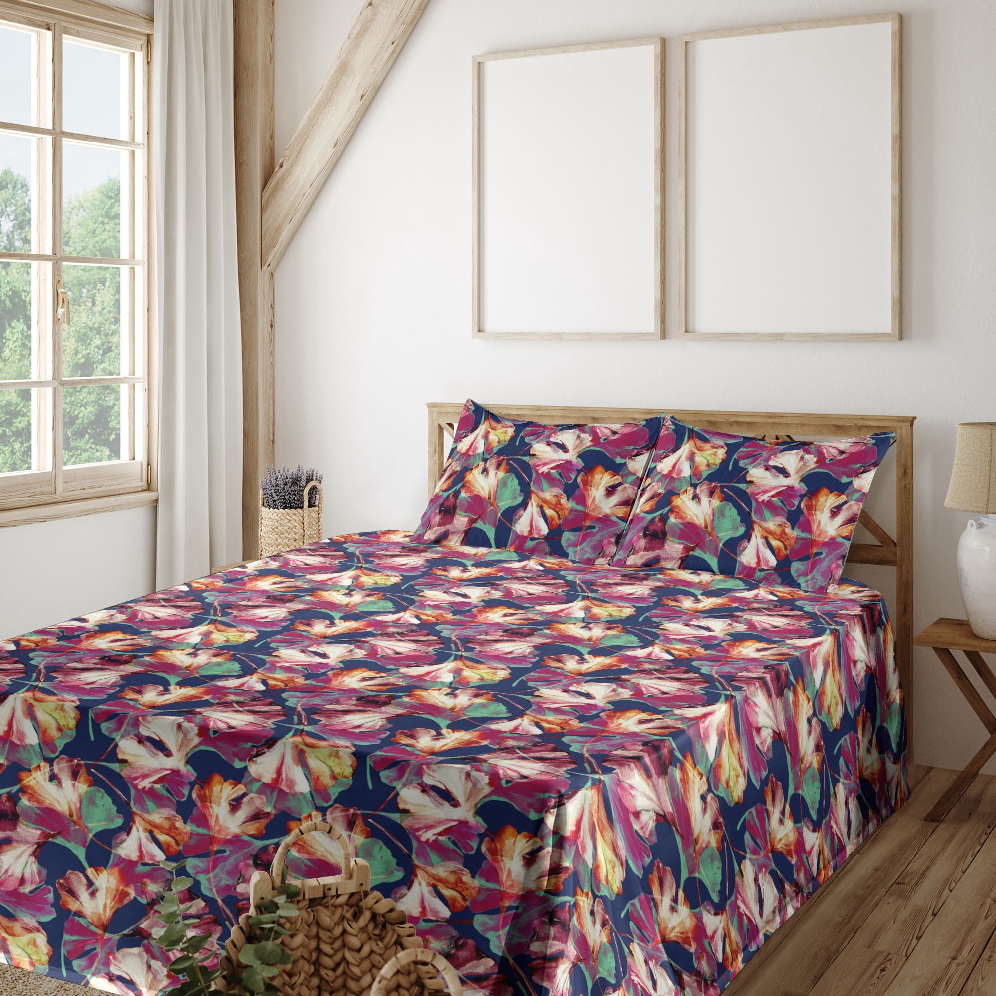 Ambesonne Ginko Leaves Fitted & Flat Sheet with Sham 3 Pcs Set ...