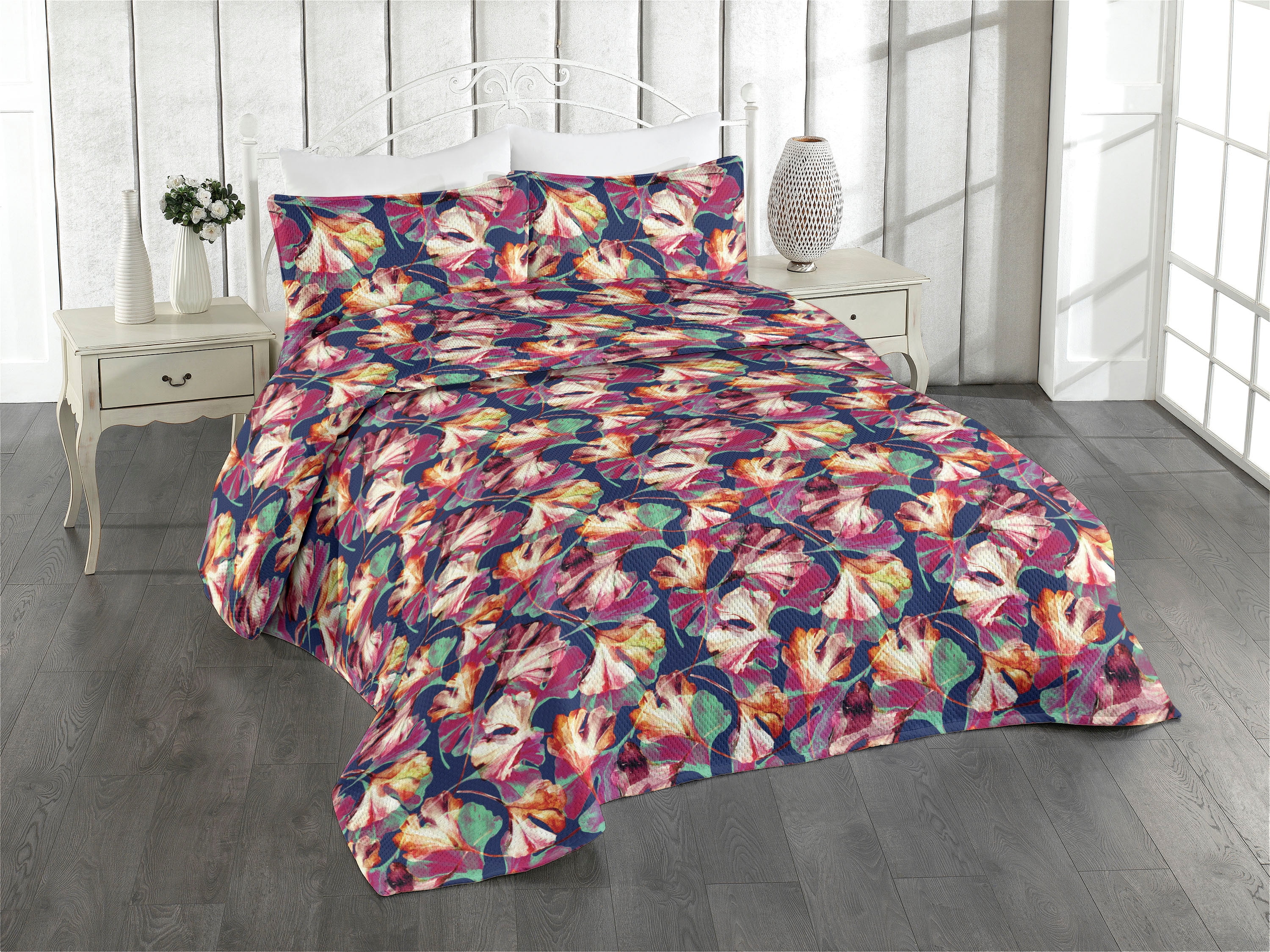 Ambesonne Ginko Leaves Quilted Bedspread Set 3 Pcs, Psychedelic Leafy ...