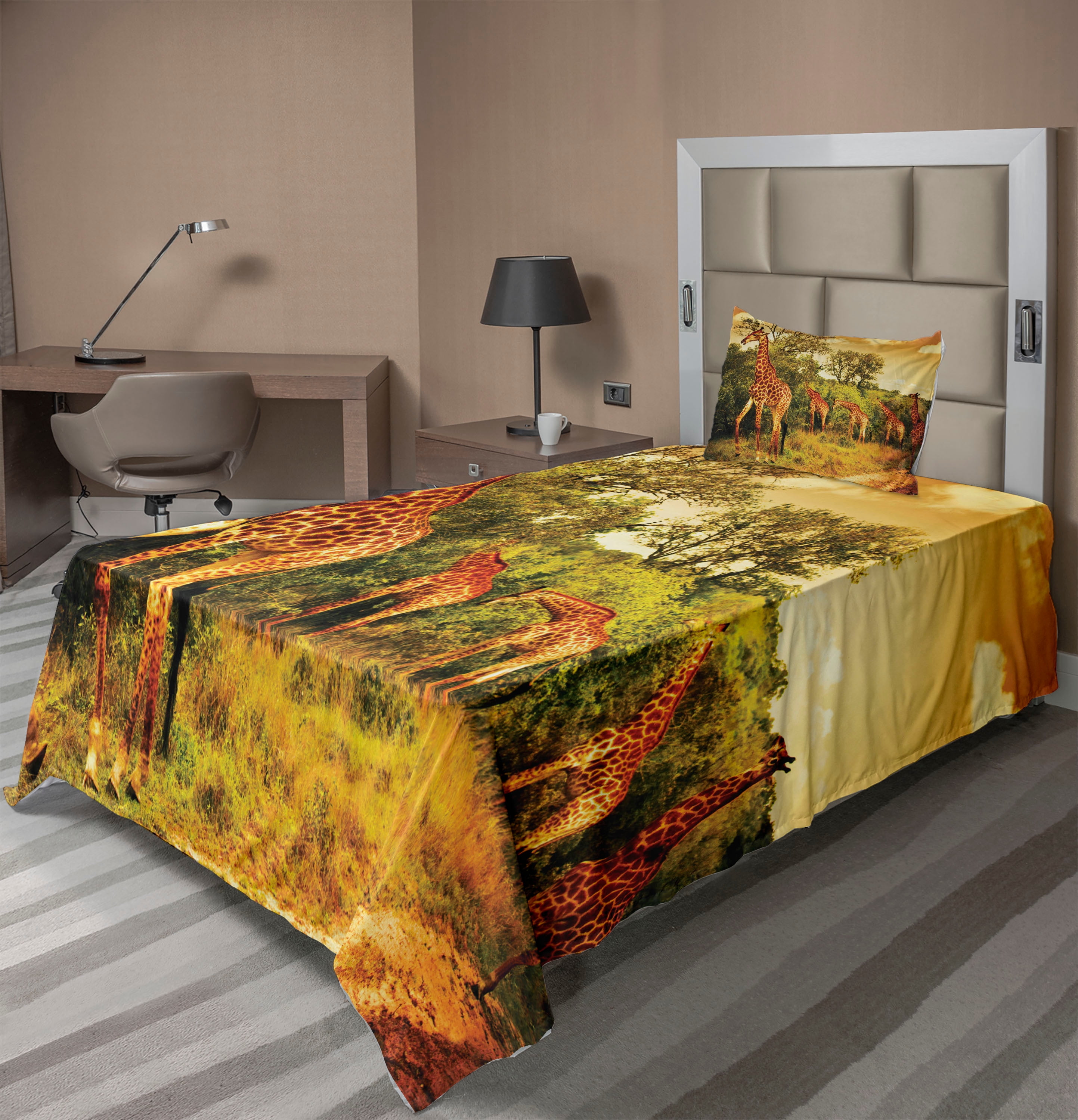 Ambesonne Giraffe Fitted & Top Sheet Set with Sham, Savannah Animals ...