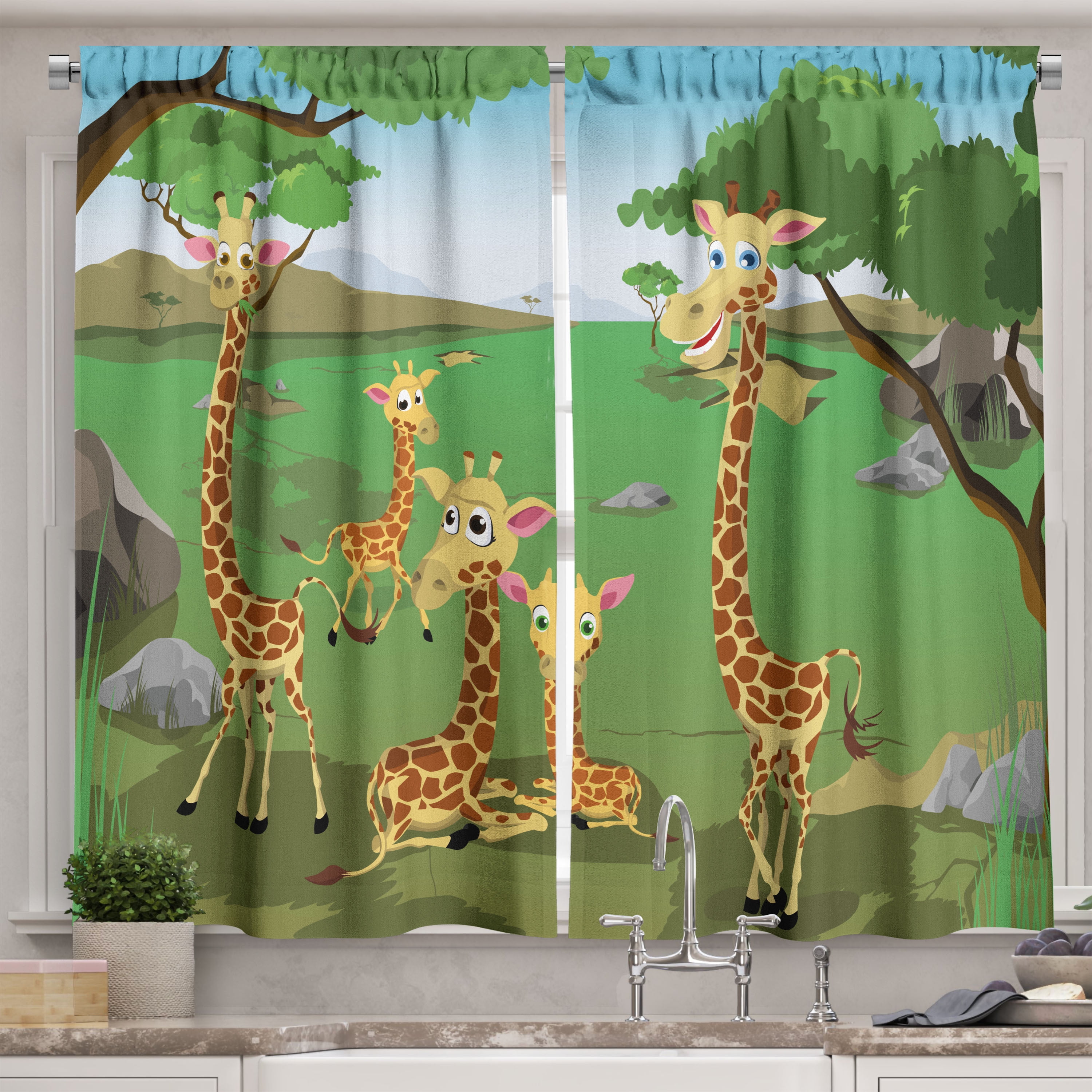 Ambesonne Giraffe Kitchen Curtains, Savannah Fauna Cartoon Art, 55"x45 ...