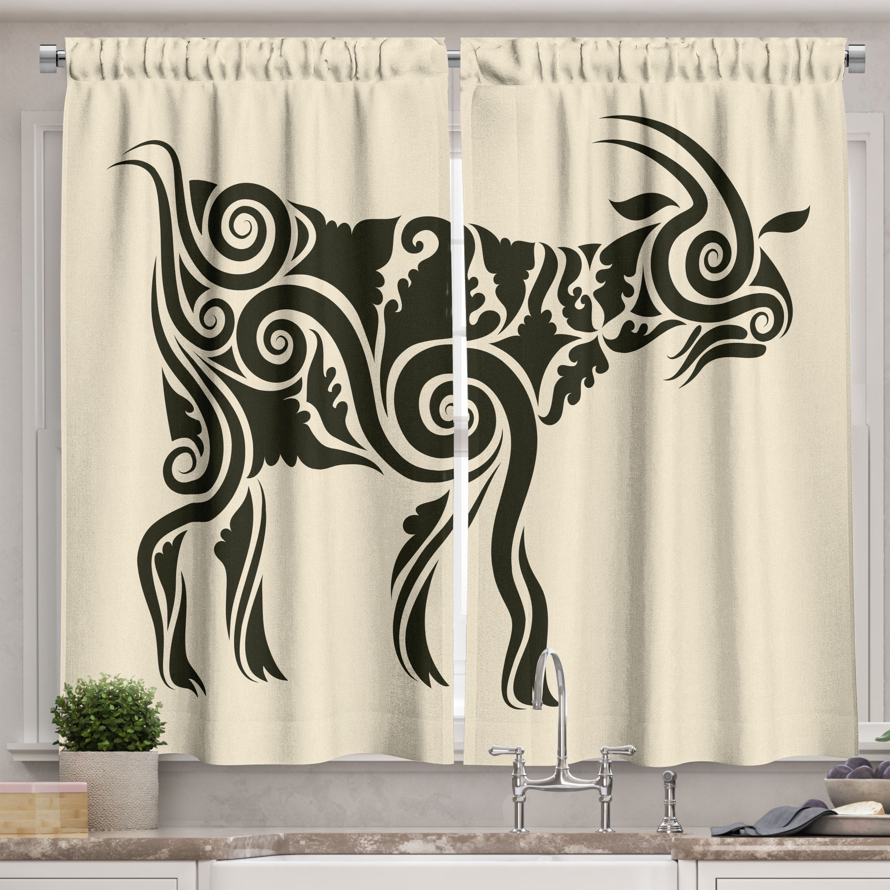 Ambesonne Goat Kitchen Curtains, Tribal Waves Curves Tattoo, 55"x39 ...