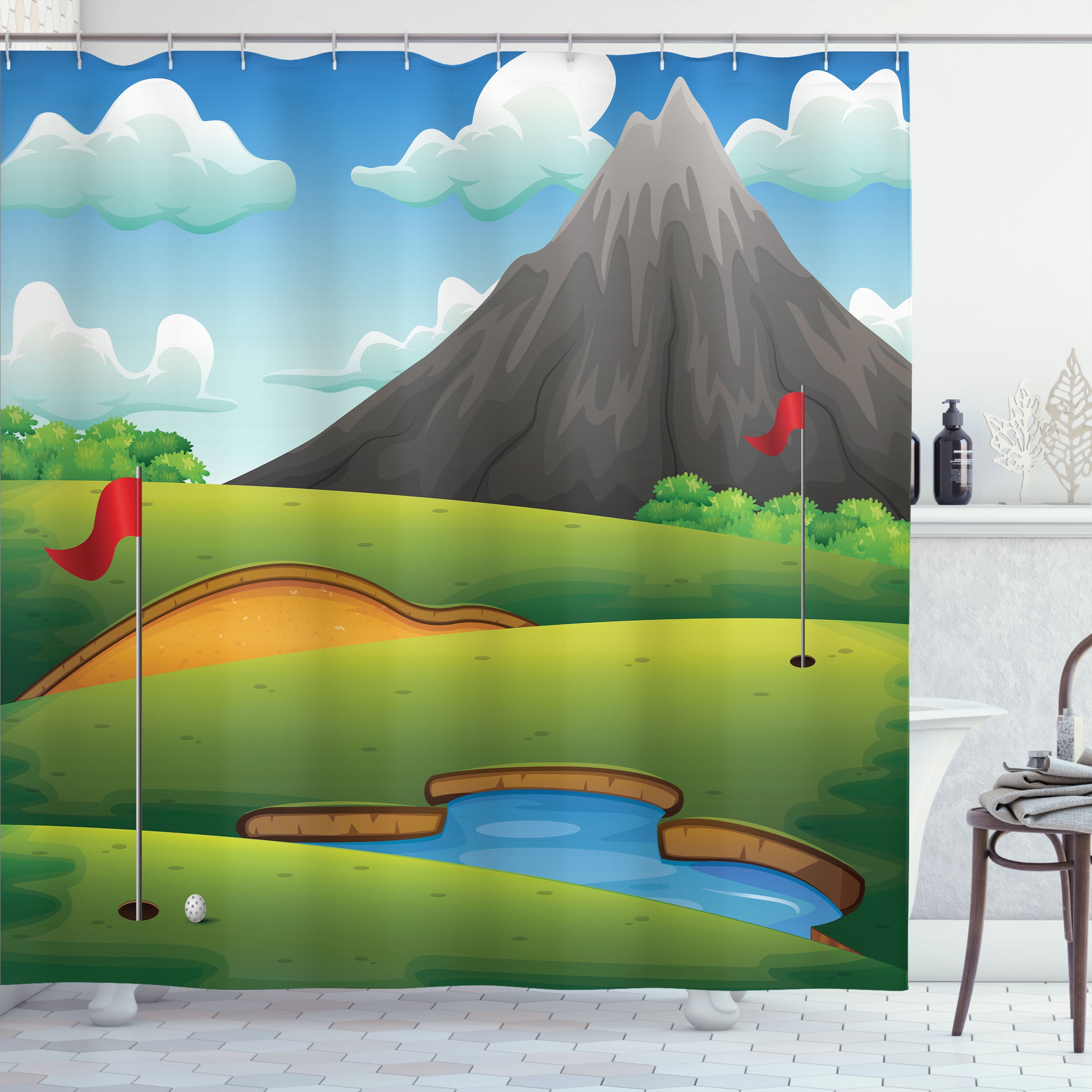 Ambesonne Golf Course Scene Shower Curtain, Hills Pond Flags, 69"Wx75"L ...