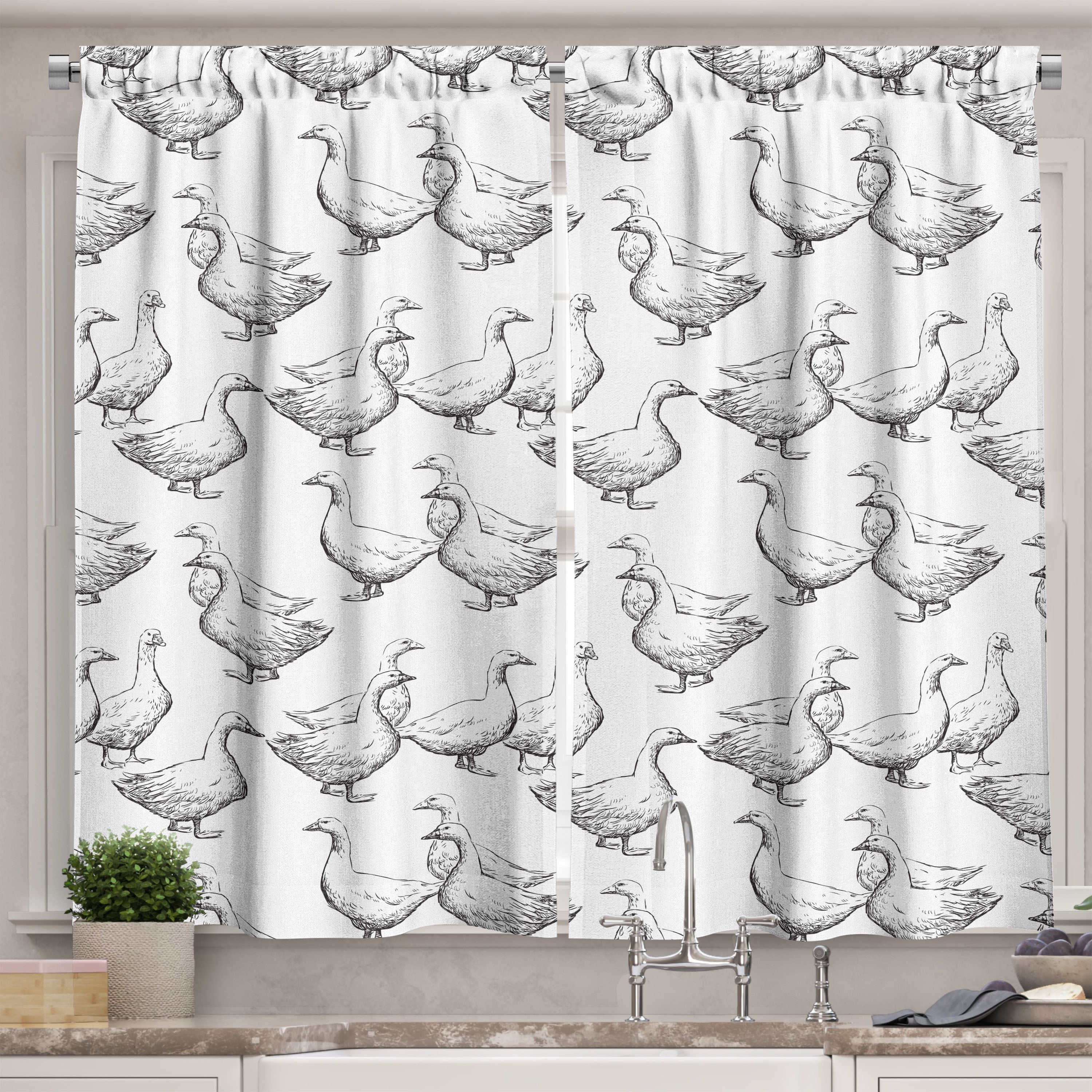 Ambesonne Goose Kitchen Curtains, Monotone Sketchy Birds Design, 55"x30 ...