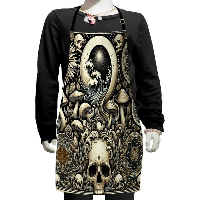 Ambesonne Gothic Art Apron with Adjustable Ties, Mushroom Skulls Occult ...