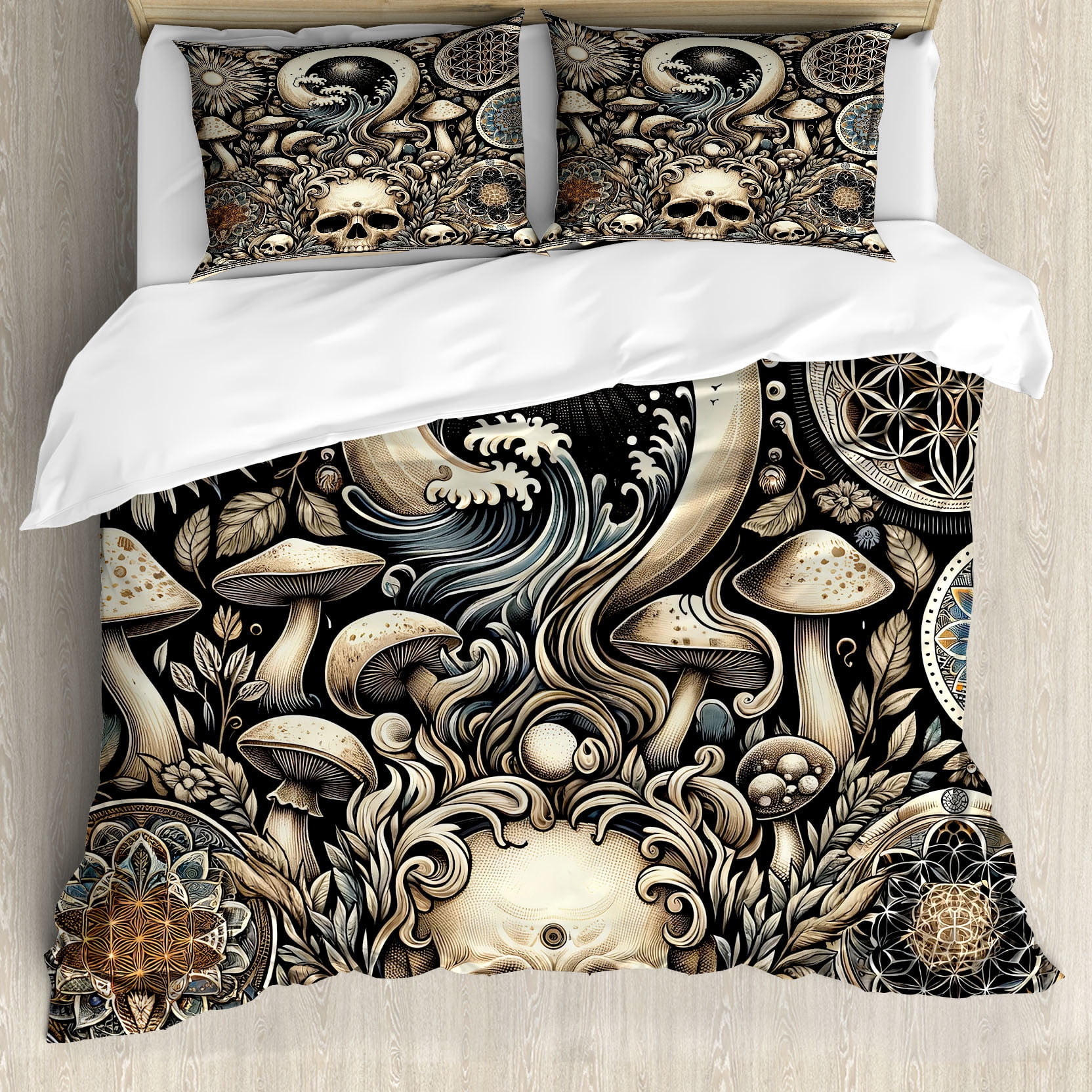 Ambesonne Gothic Art Duvet Cover Set, Mushroom Skulls Occult, King ...