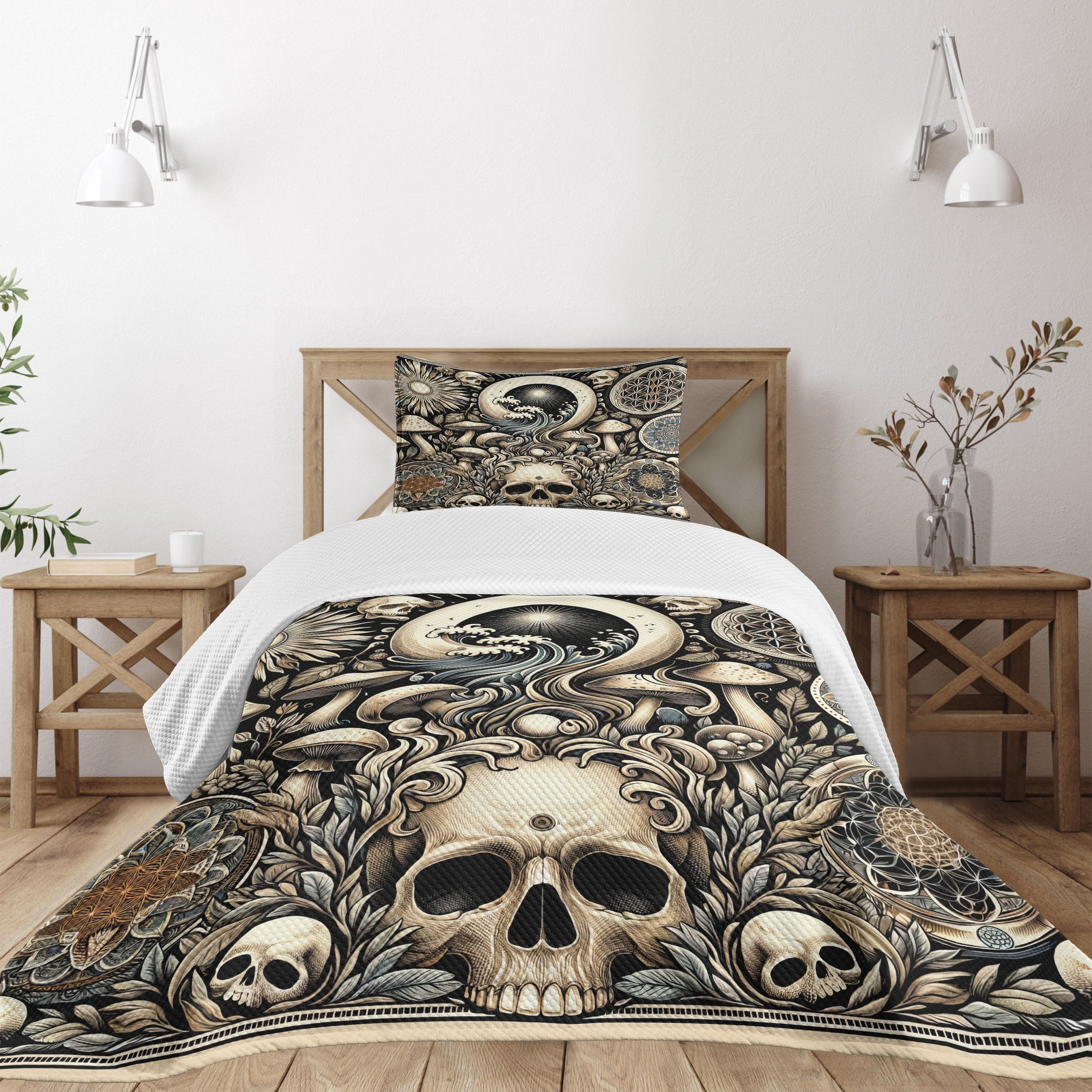 Ambesonne Gothic Art Quilted Bedspread Set 2 Pcs, Mushroom Skulls ...