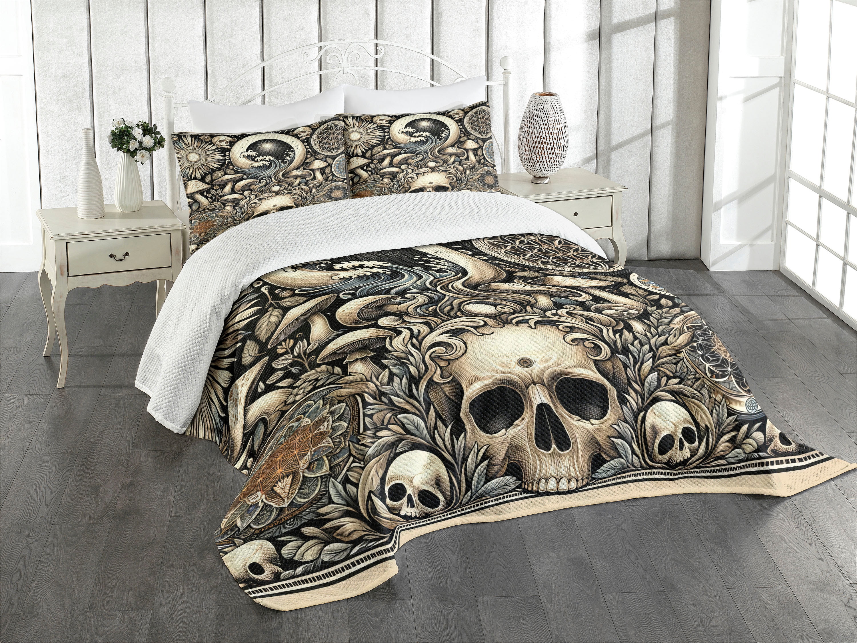 Ambesonne Gothic Art Quilted Bedspread Set 3 Pcs, Mushroom Skulls ...