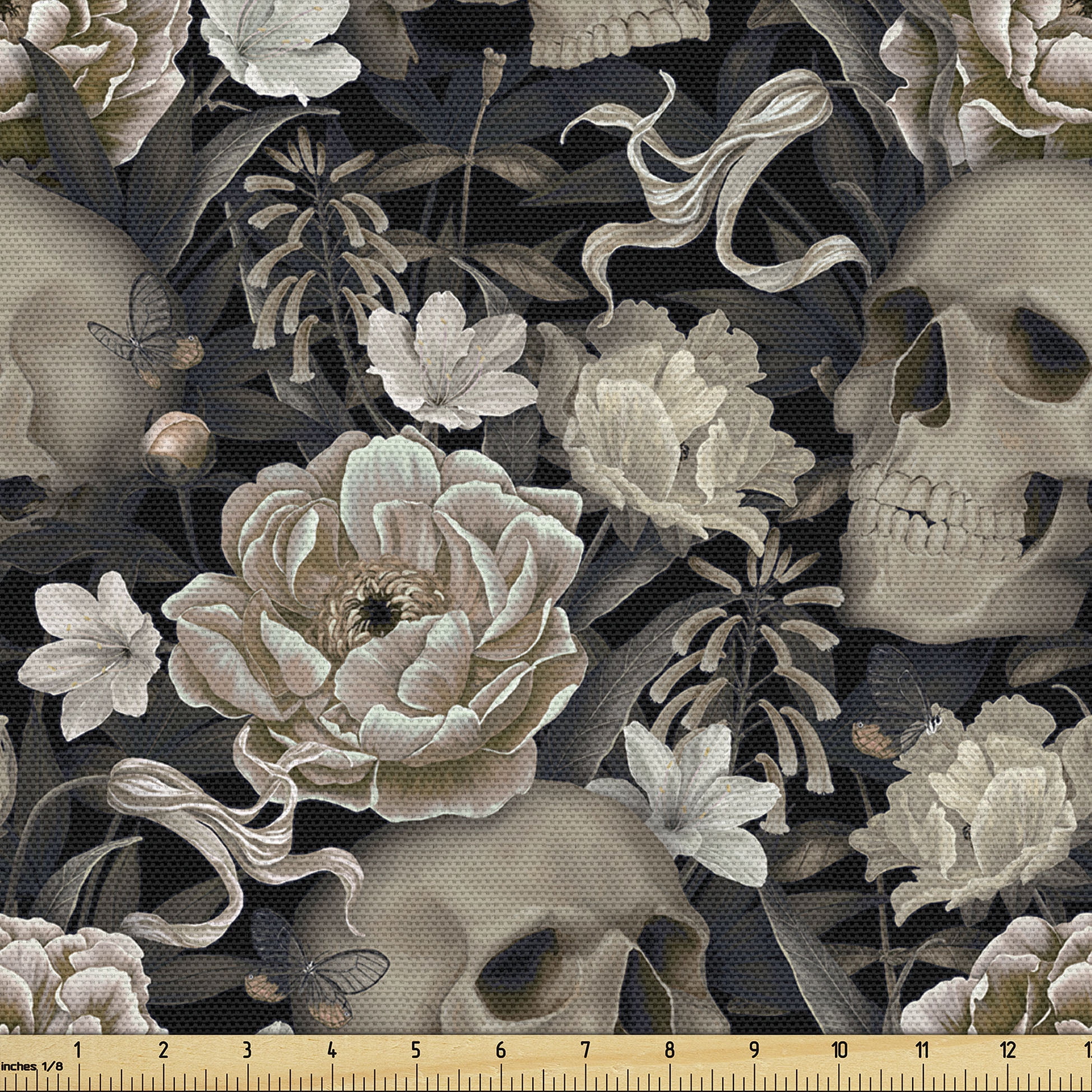 Ambesonne Gothic Fabric by the Yard Upholstery, Floral Skulls Flowers ...