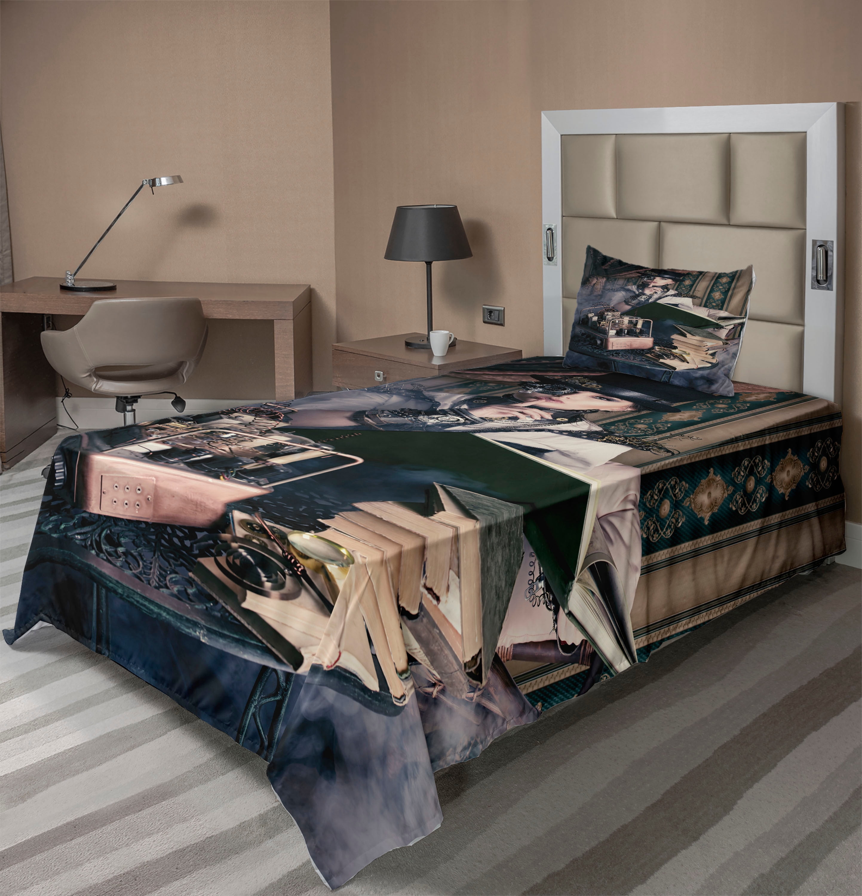 Ambesonne Gothic Fitted & Top Sheet Set with Sham, Steampunk Woman ...