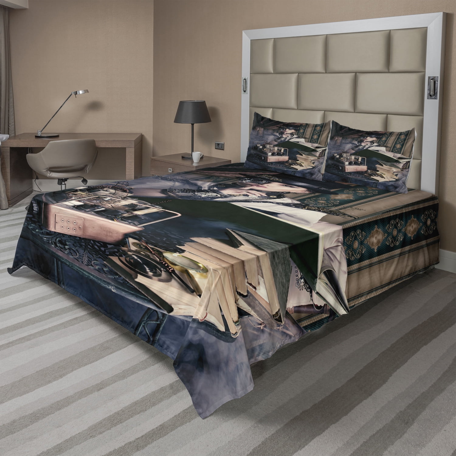 Ambesonne Gothic Fitted & Top Sheet Set with Shams, Steampunk Woman ...