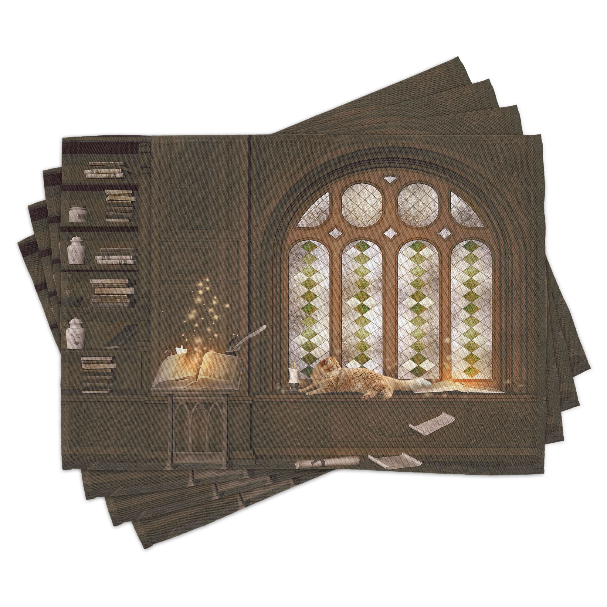 Ambesonne Gothic Place Mats Set of 4, Medieval Library Cat, Standard ...