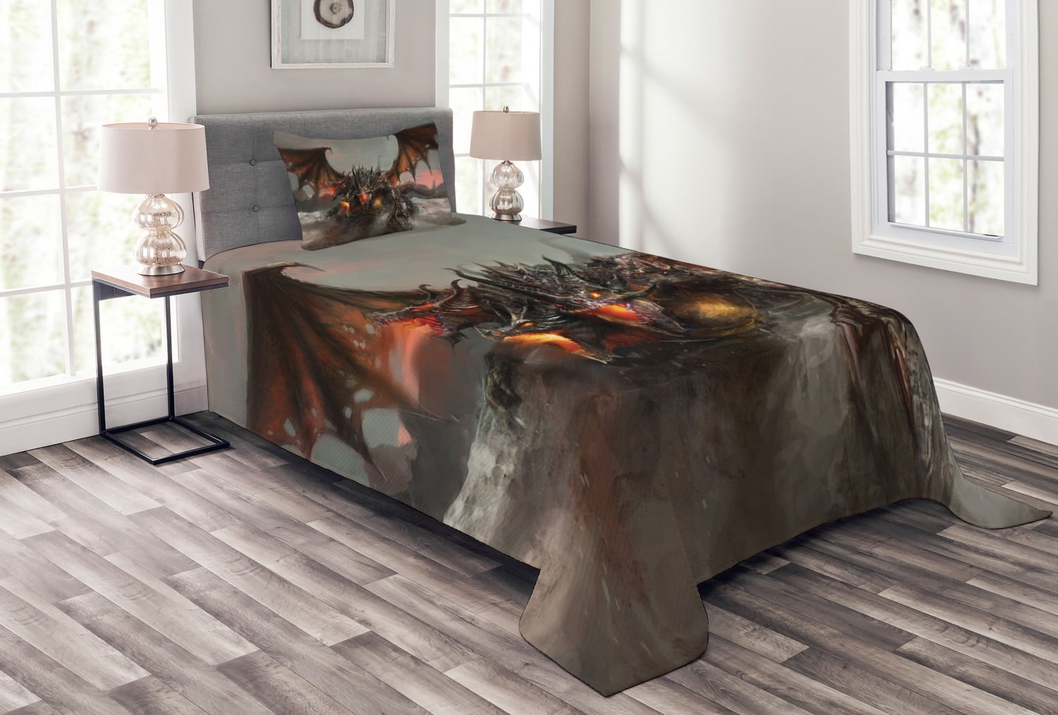 Ambesonne Gothic Quilted Bedspread Set 2 Pcs, Dragon Monster, Twin Size ...