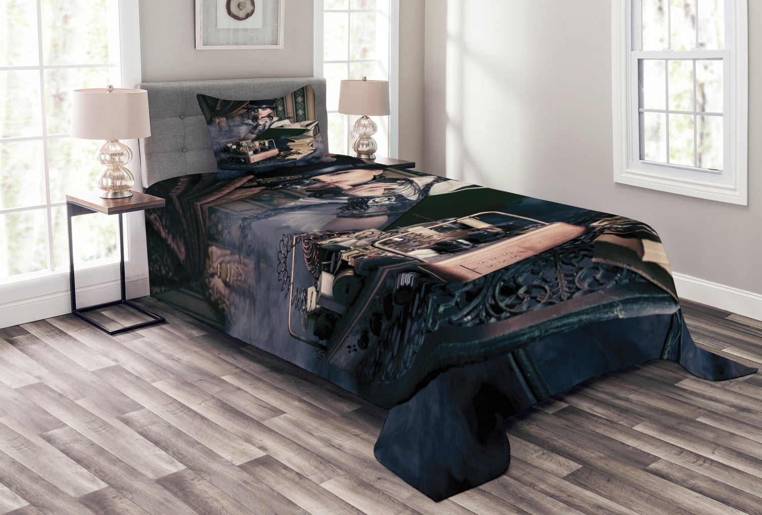 Ambesonne Gothic Quilted Bedspread Set 2 Pcs, Steampunk Woman Vintage ...