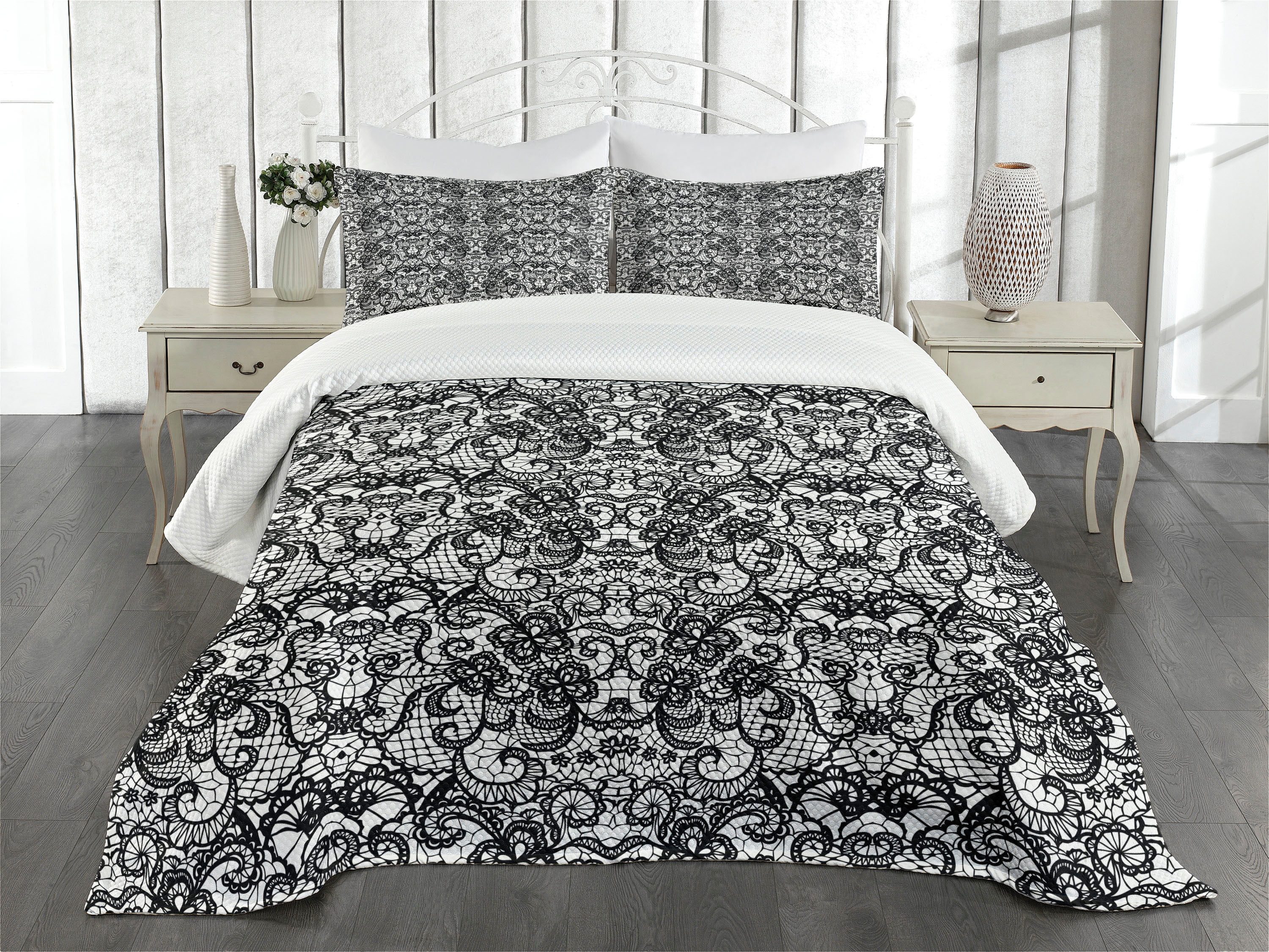 Ambesonne Gothic Quilted Bedspread Set 3 Pcs, Bridal Victorian Flowers ...