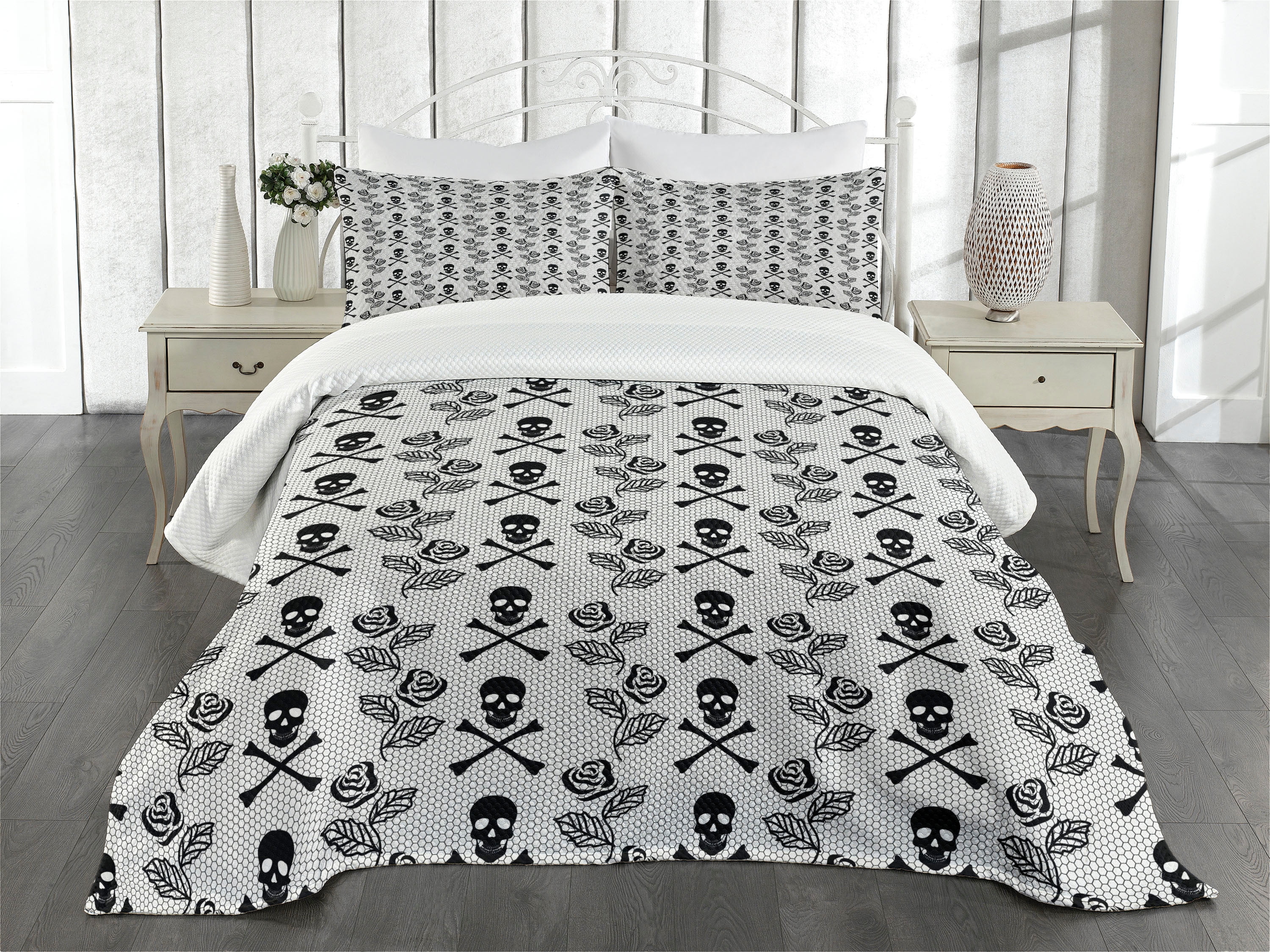 Ambesonne Gothic Quilted Bedspread Set 3 Pcs, Lace Style Roses Skulls ...