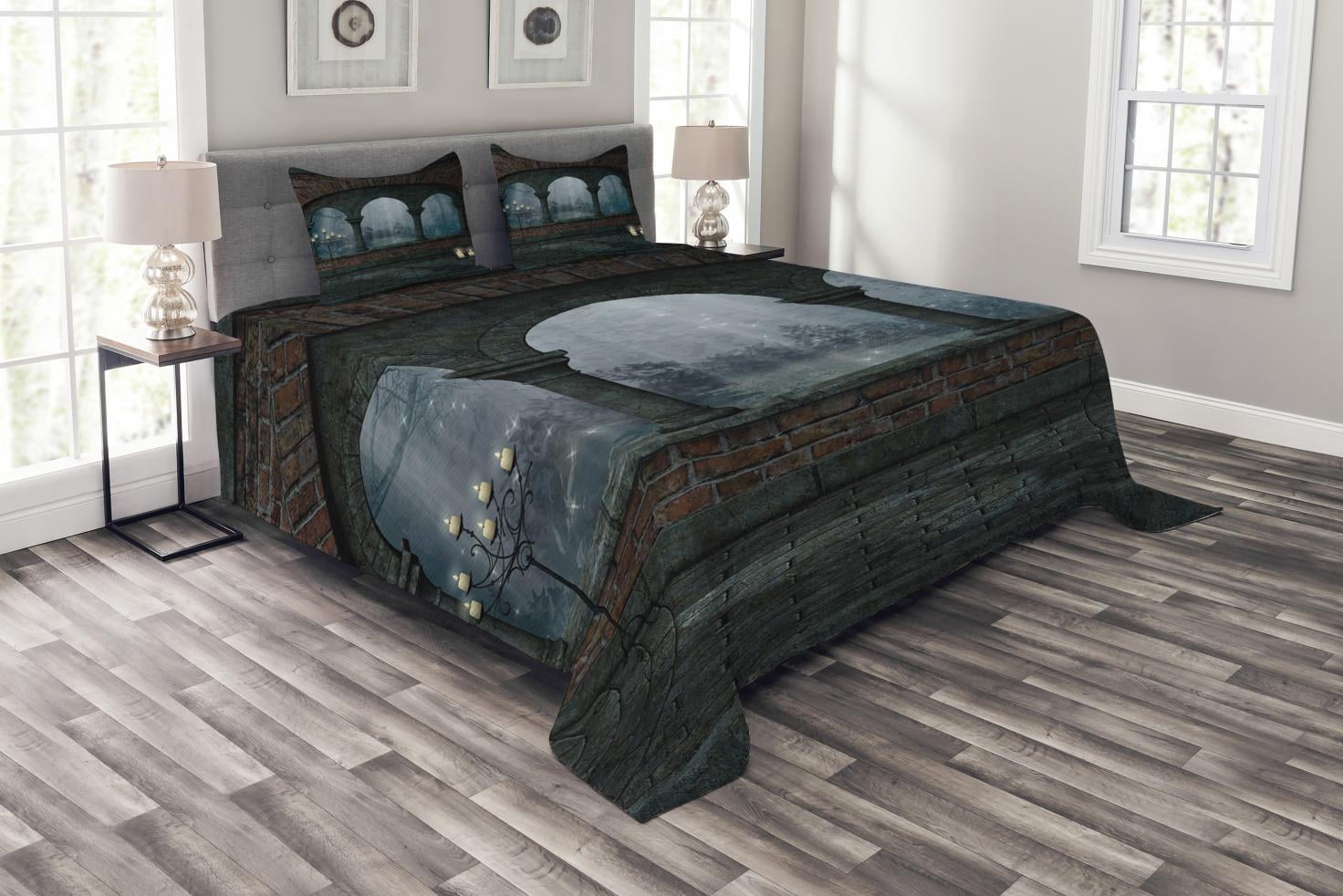 Ambesonne Gothic Quilted Bedspread Set 3 Pcs, Medieval Castle at Night ...