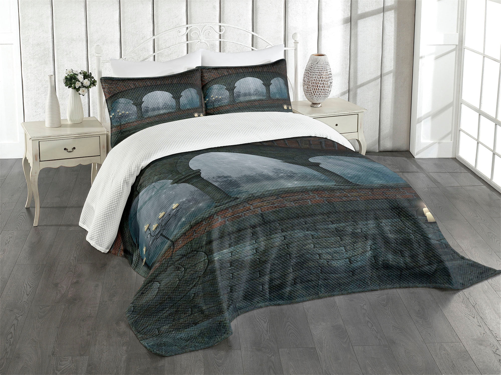 Ambesonne Gothic Quilted Bedspread Set 3 Pcs, Medieval Castle at Night ...