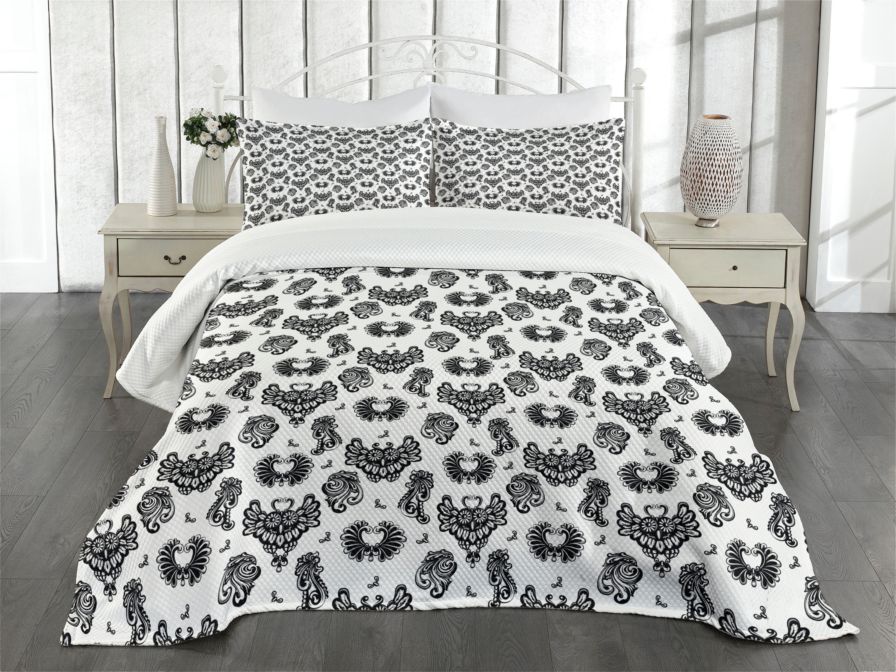Ambesonne Gothic Quilted Bedspread Set 3 Pcs, Victorian Owls Flourish ...