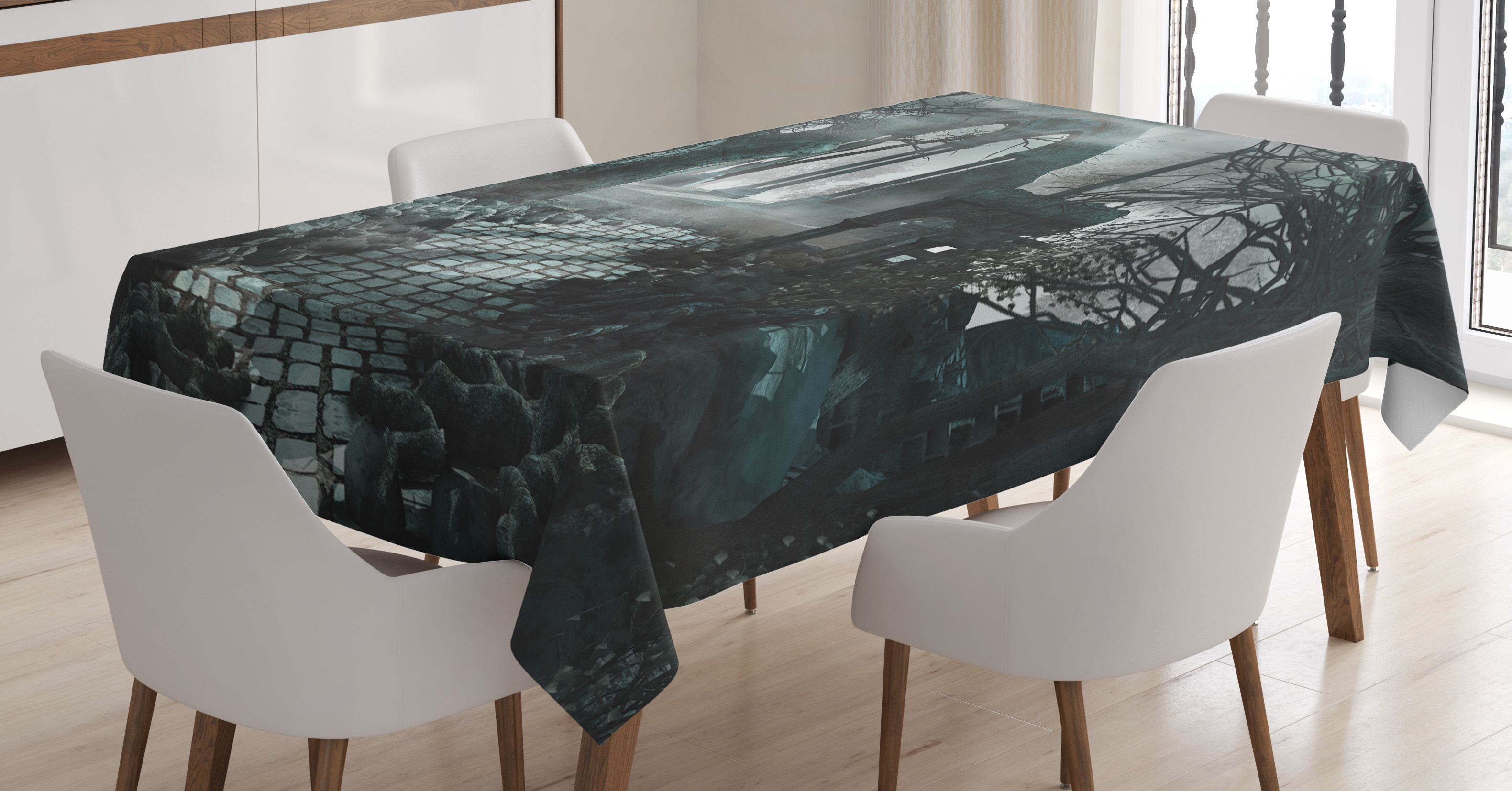 Ambesonne Gothic Tablecloth Rectangular Table Cover, Moon View in Scary ...