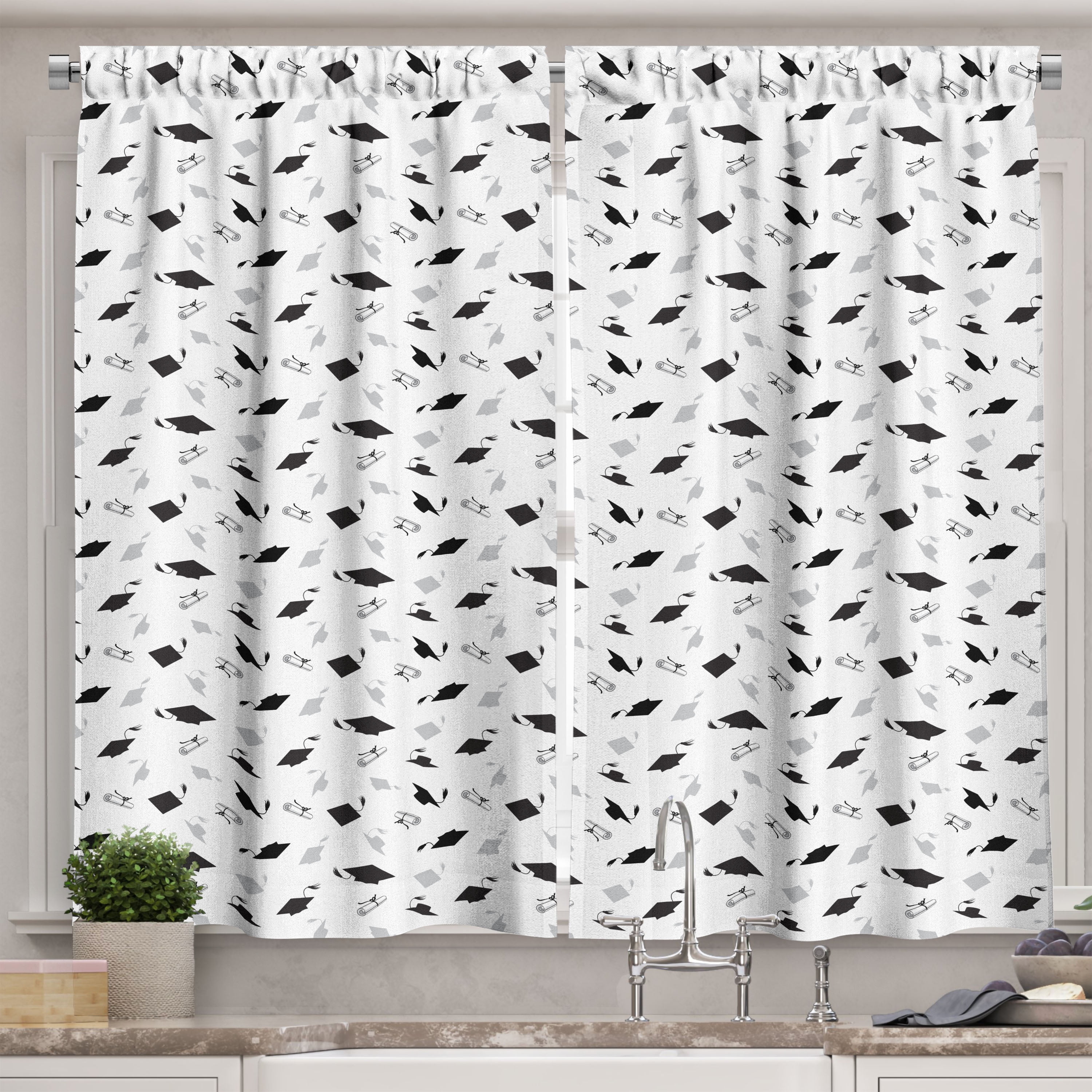 Ambesonne Graduation Kitchen Curtains, Cap and Diploma Patterns, 55"x45 ...