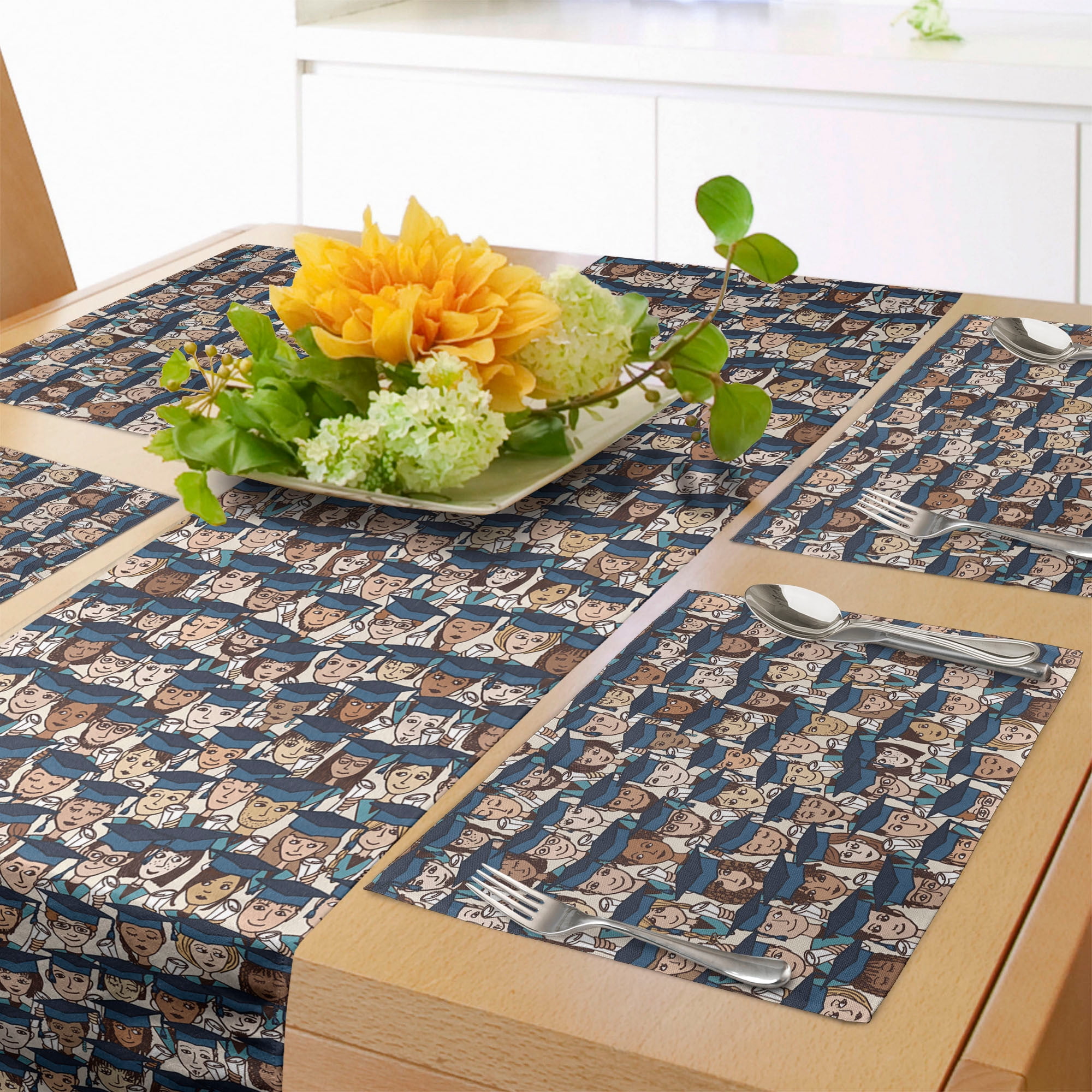 Ambesonne Graduation Table Runner & Placemats, Cartoon Collage Students ...