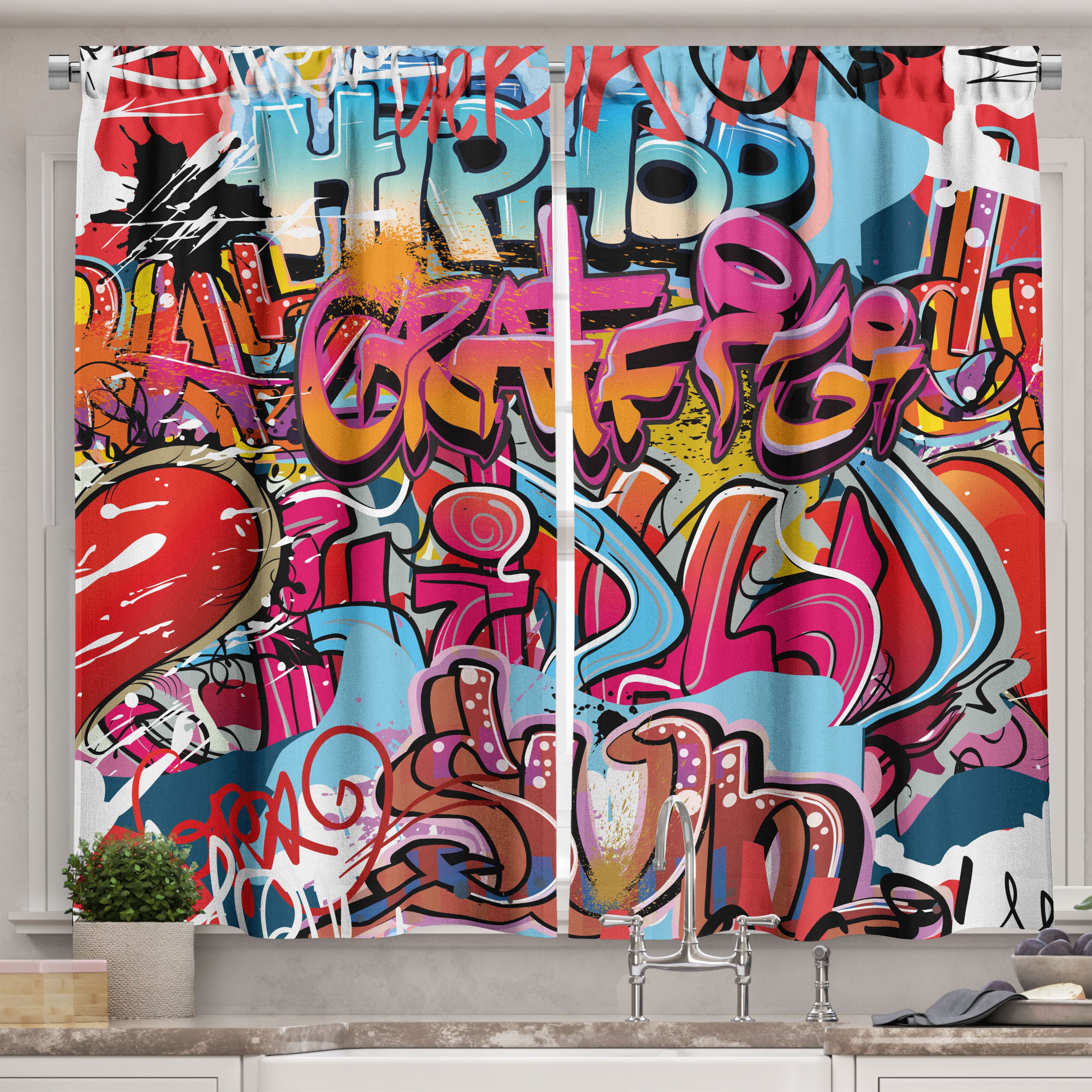 Ambesonne Graffiti Kitchen Curtains, Hip Hop Street Art, 55"x39 ...