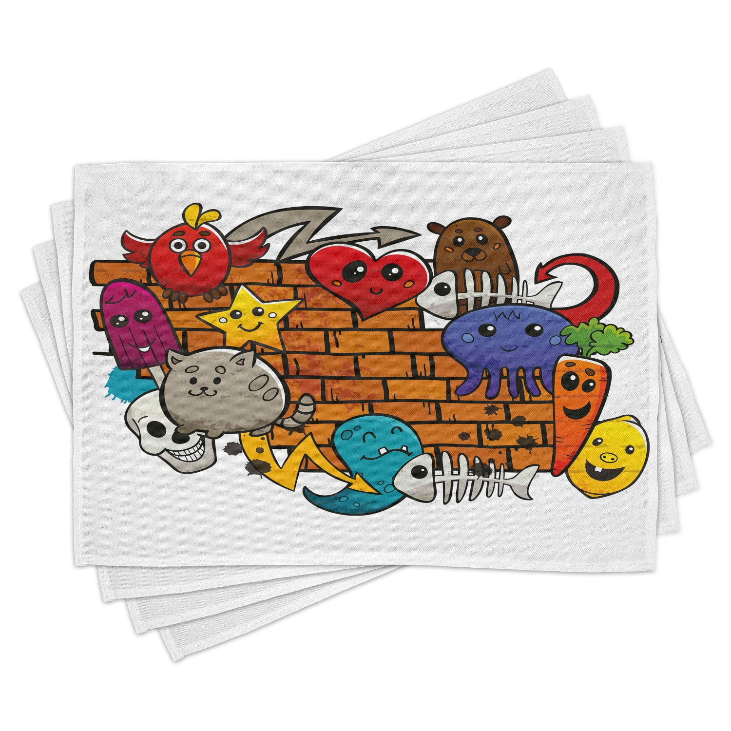 Ambesonne Graffiti Place Mats Set of 4, Cartoon Cat Bird Skull ...