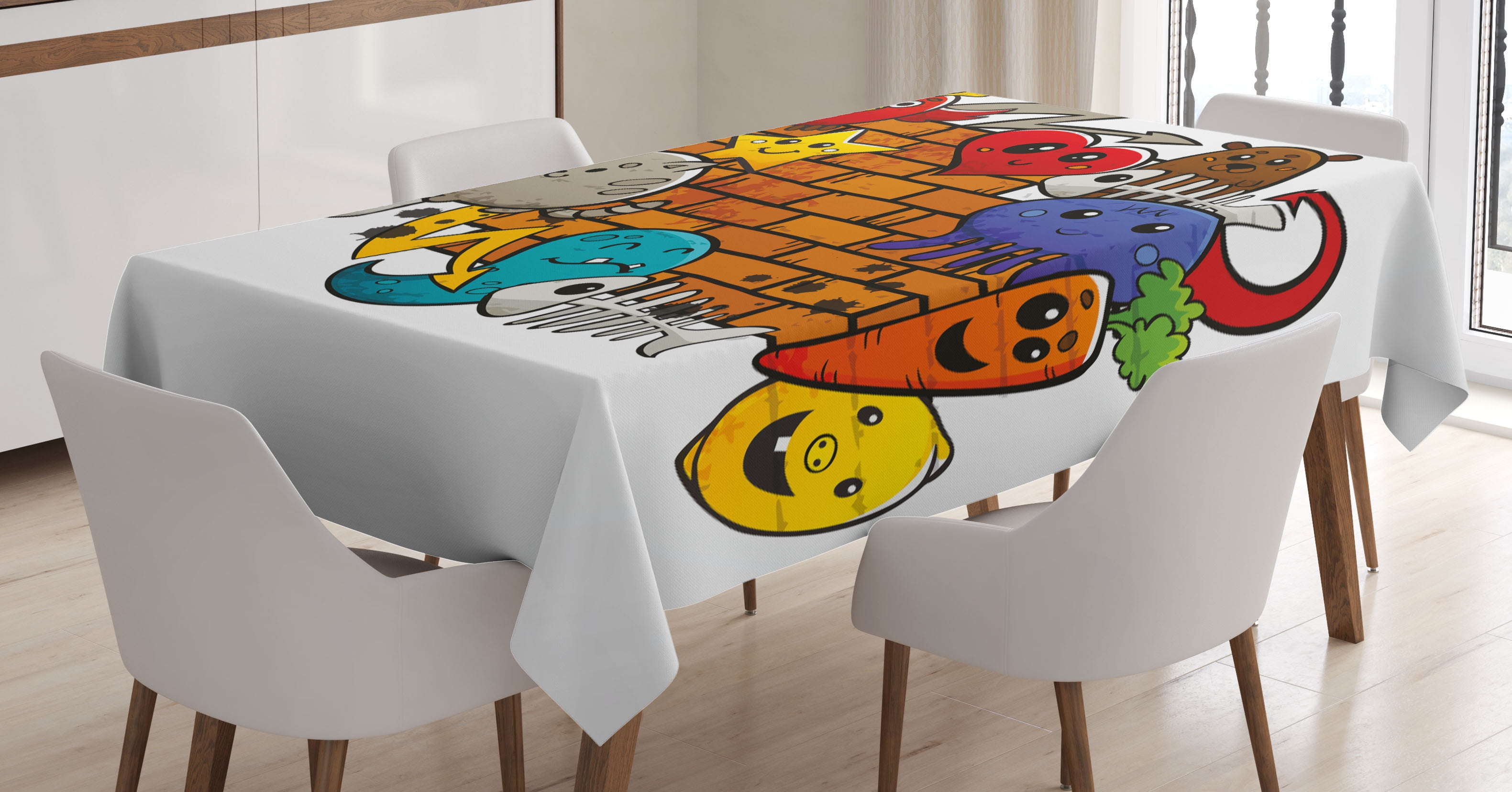 Ambesonne Graffiti Tablecloth Rectangular Table Cover, Cartoon Cat Bird ...