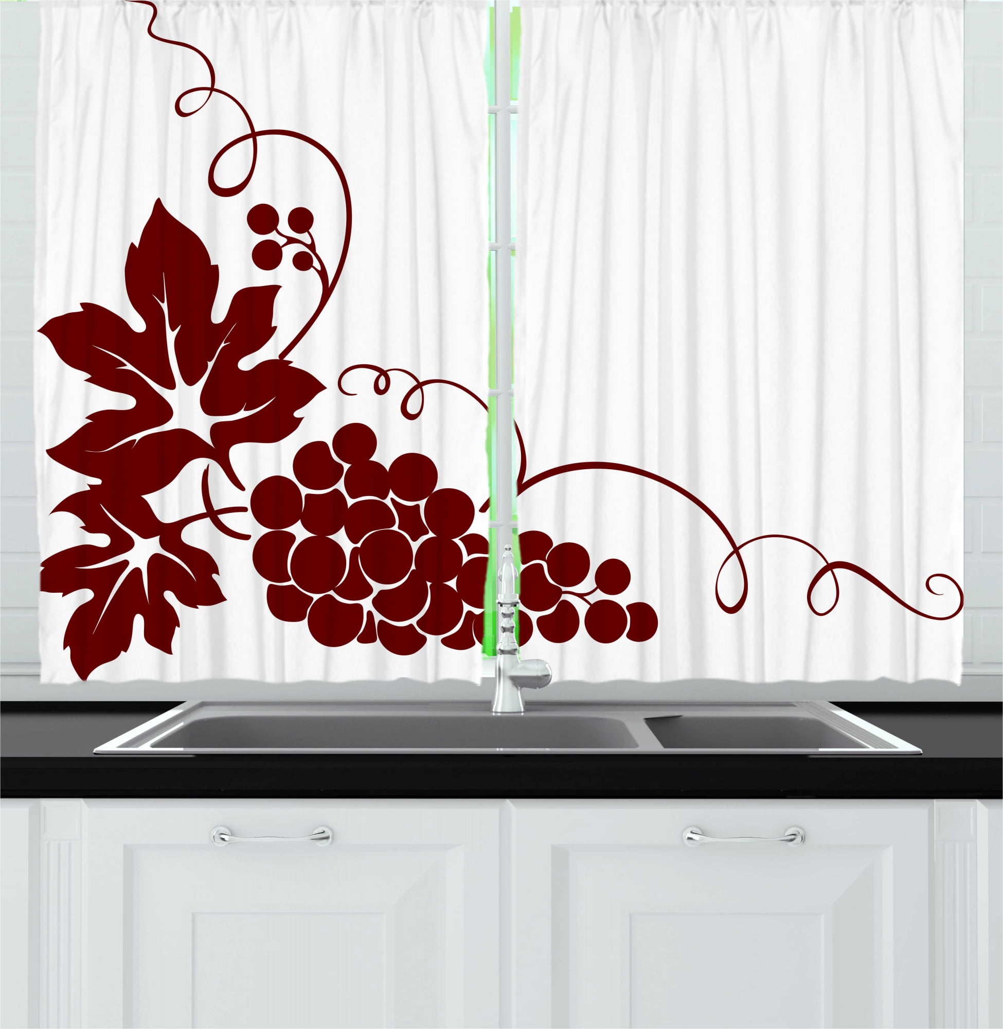 Ambesonne Grape Kitchen Curtains, Grape and Leaf Curlicue Stalk, 55"x45 ...
