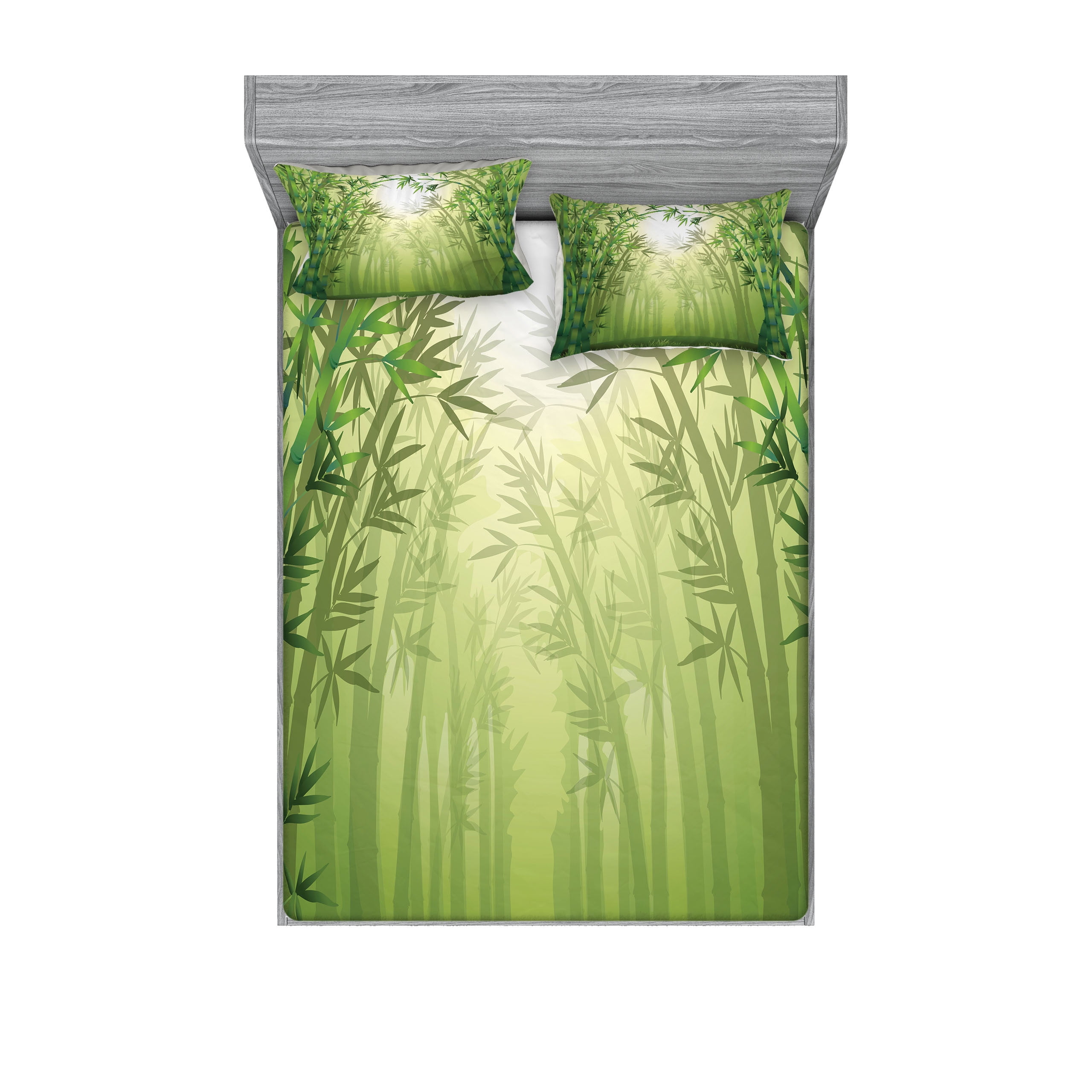 Ambesonne Green Fitted Sheet & Pillow Sham Set, Exotic Trees in Forest ...