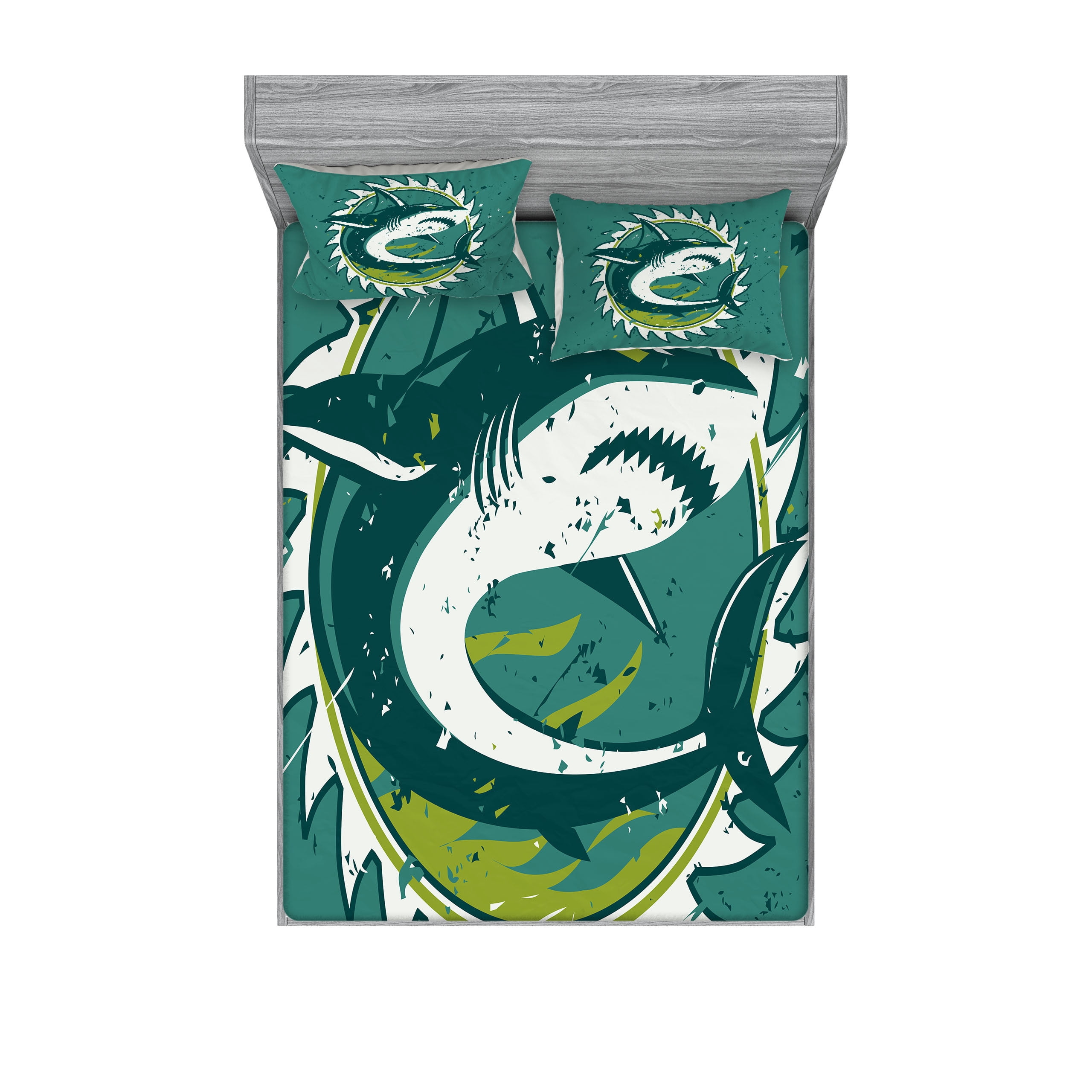 Ambesonne Green Fitted Sheet & Pillow Sham Set, Shark Hunter Marine Art ...