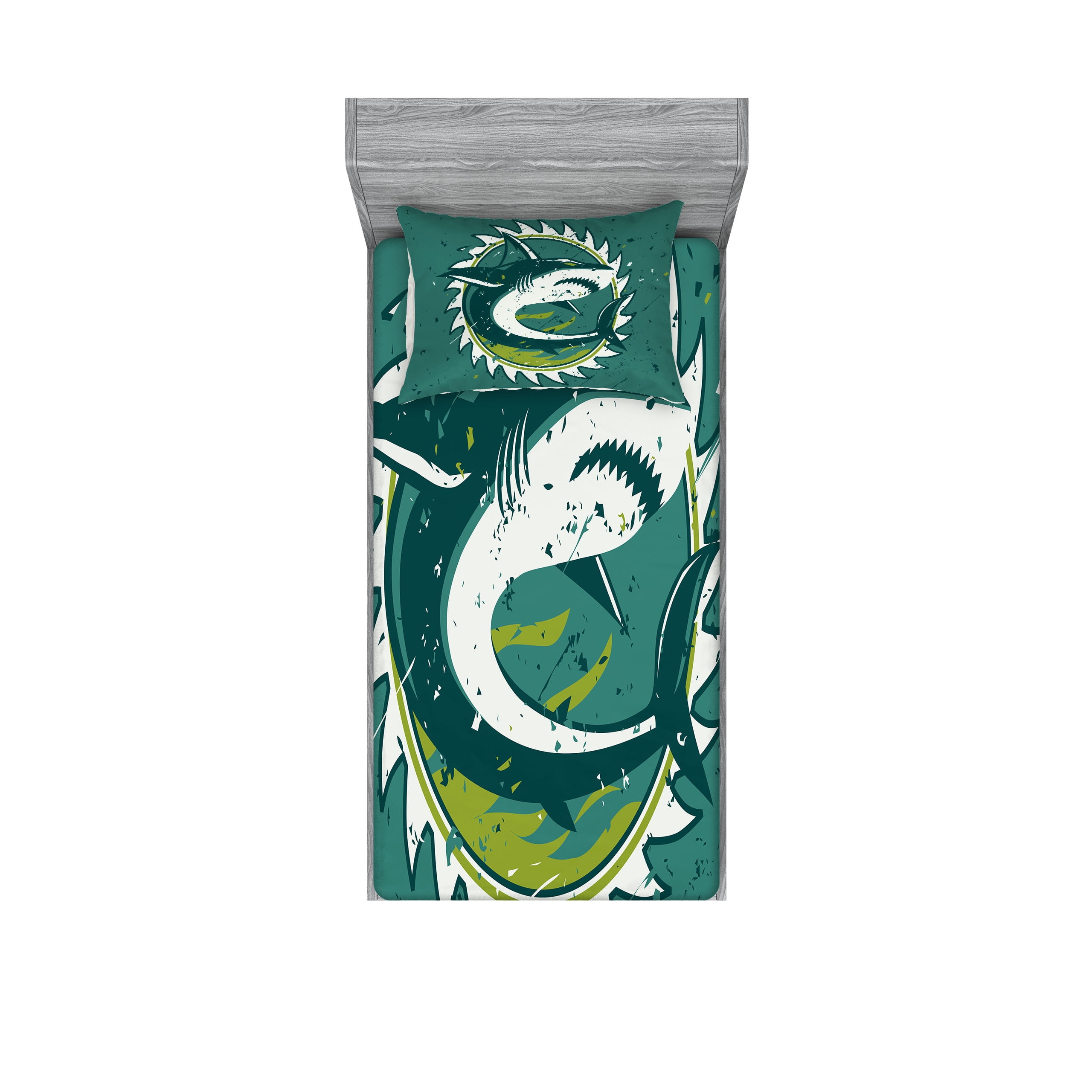 Ambesonne Green Fitted Sheet & Pillow Sham Set, Shark Hunter Marine Art ...