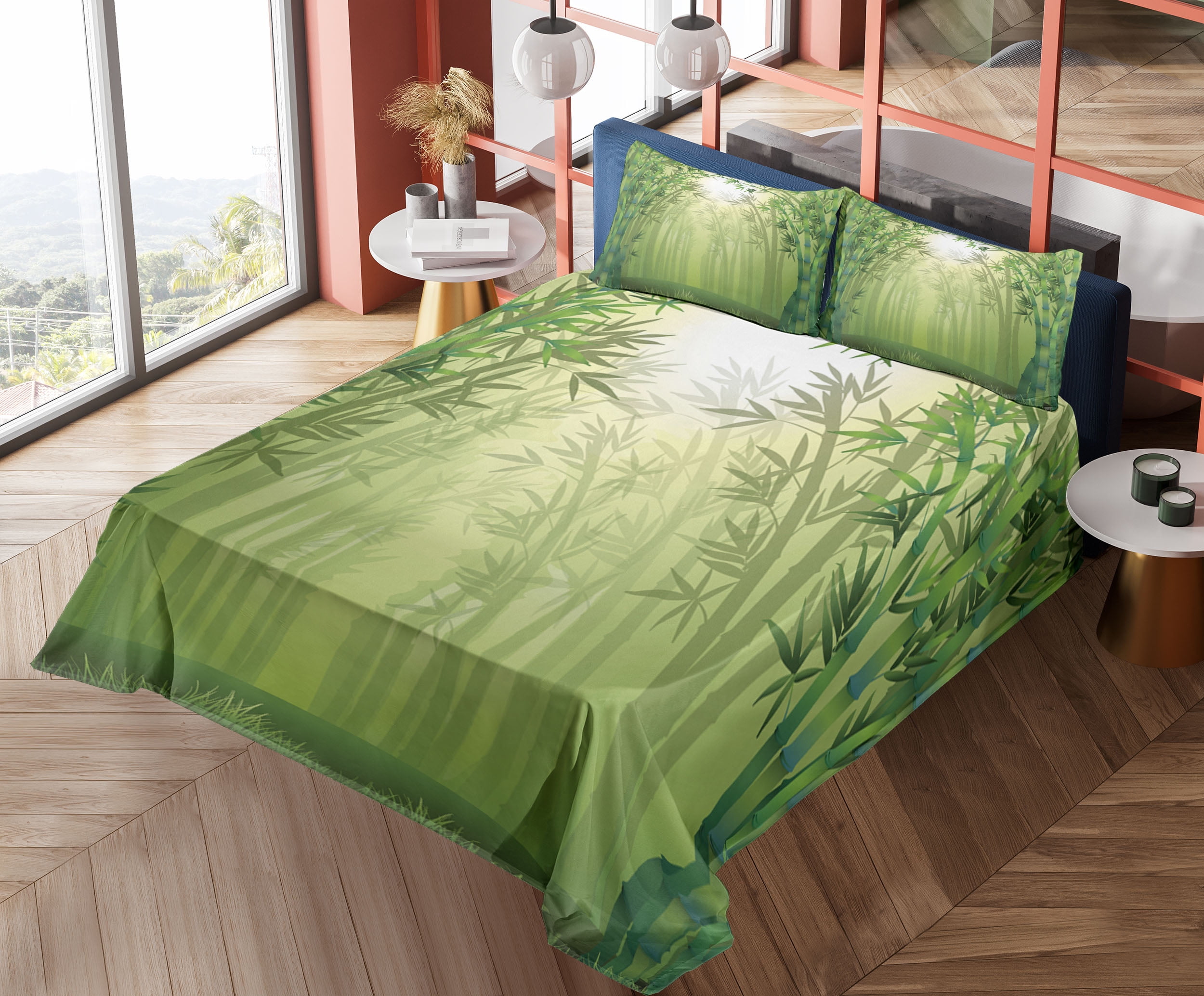 Ambesonne Green Fitted & Top Sheet Set with Shams, Exotic Trees in ...