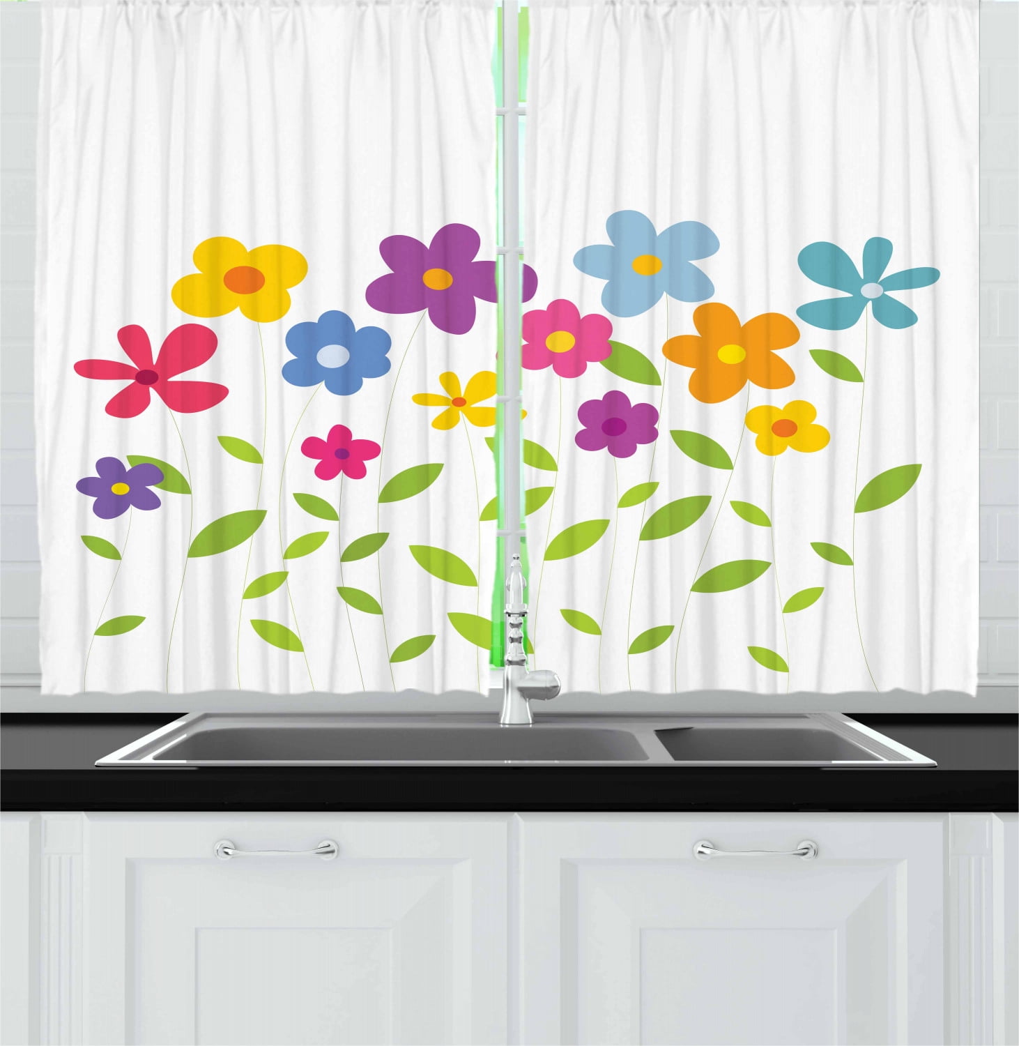 Ambesonne Green Flower Kitchen Curtains, Colorful Leafy Meadow, 55"x39 ...