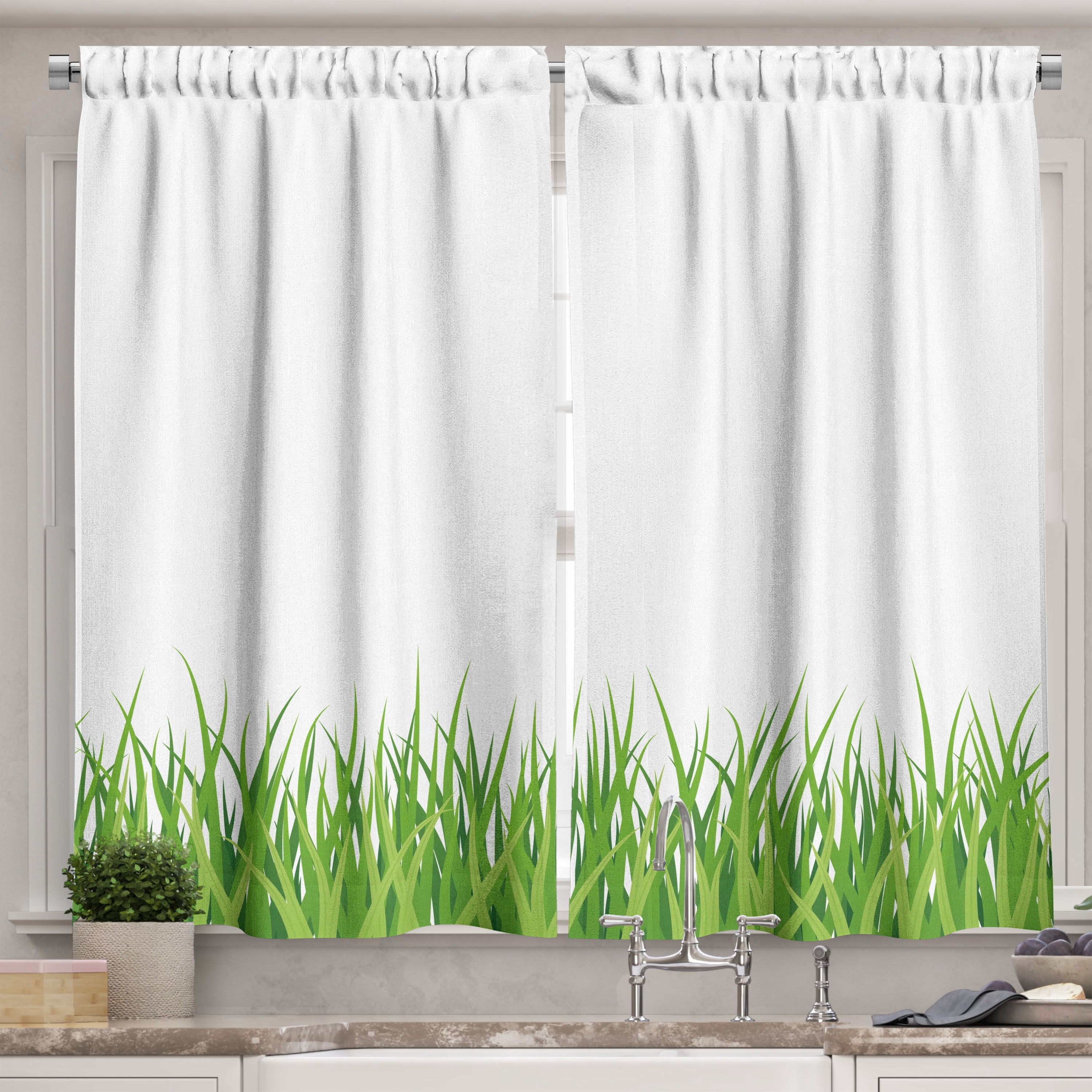Ambesonne Green Kitchen Curtains, Fresh Grass Lawn Garden, 55"x39 ...